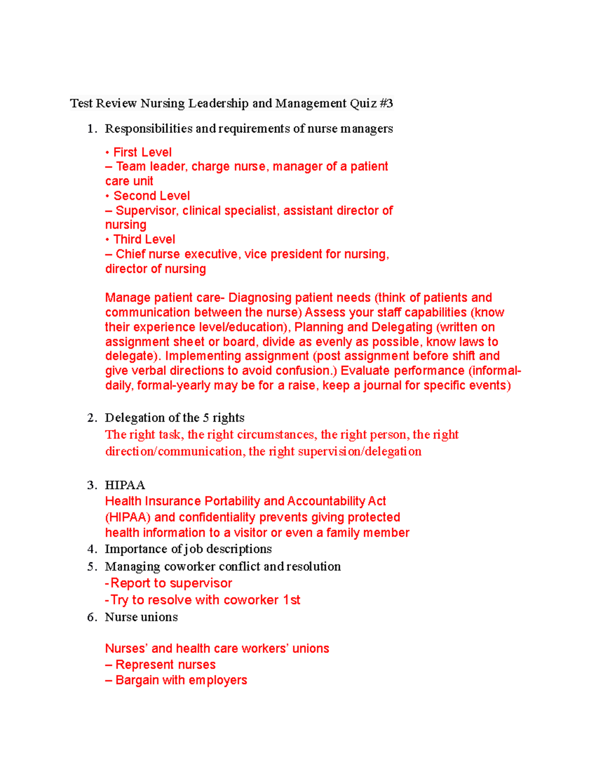Test Review Nursing Leadership and Management Quiz - Responsibilities ...