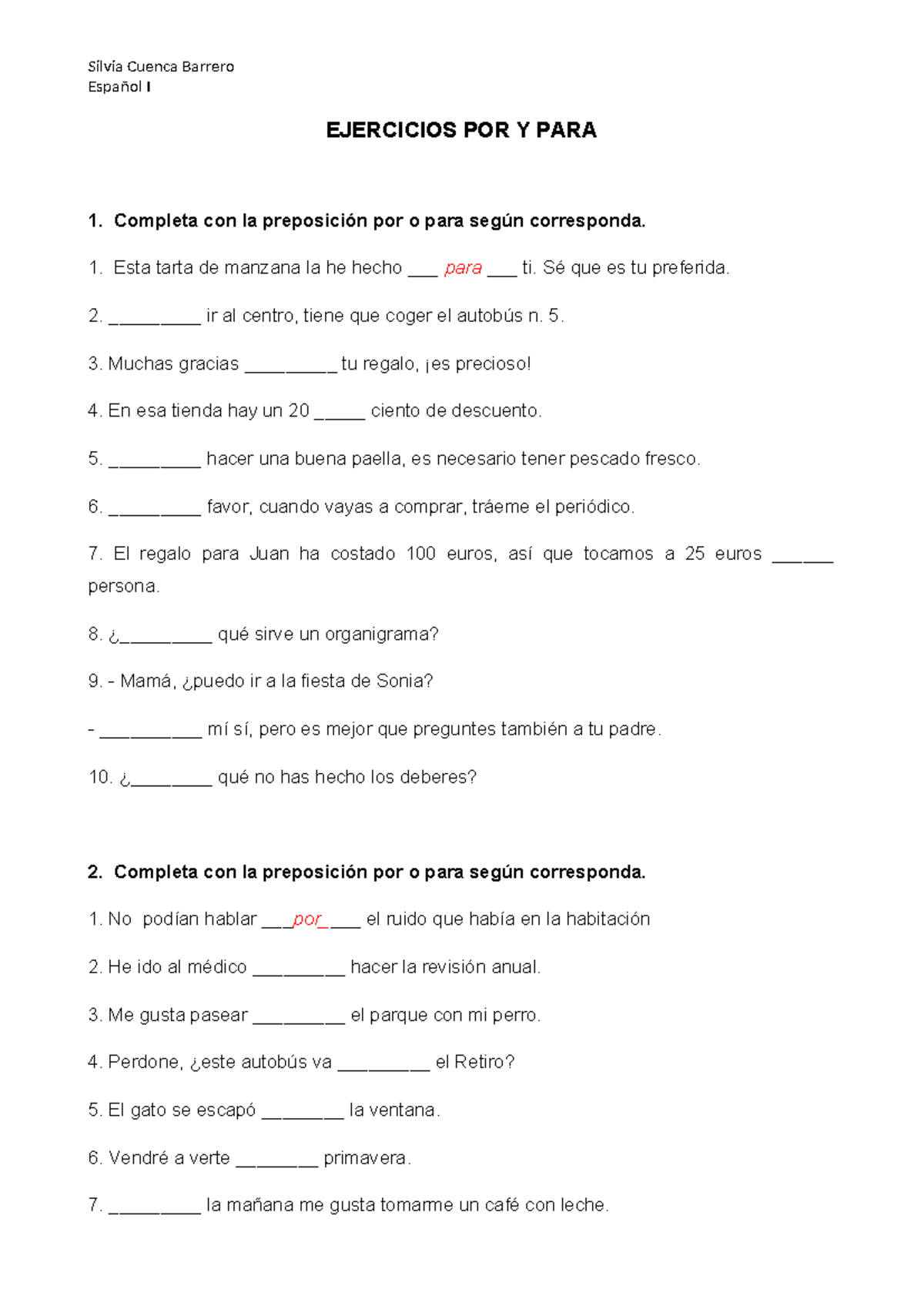 Ejercicios POR Y PARA BB(1) - Español I EJERCICIOS POR Y PARA 1 ...