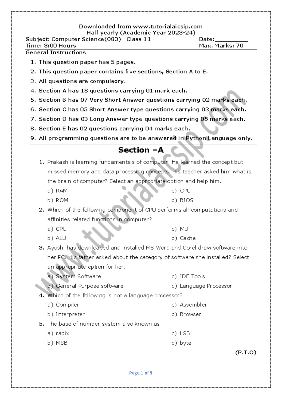 SQP 2 Class 11 CS PT 2 (QP) - Downloaded from tutorialaicsip Half yearly (Academic Year 202 3 ...