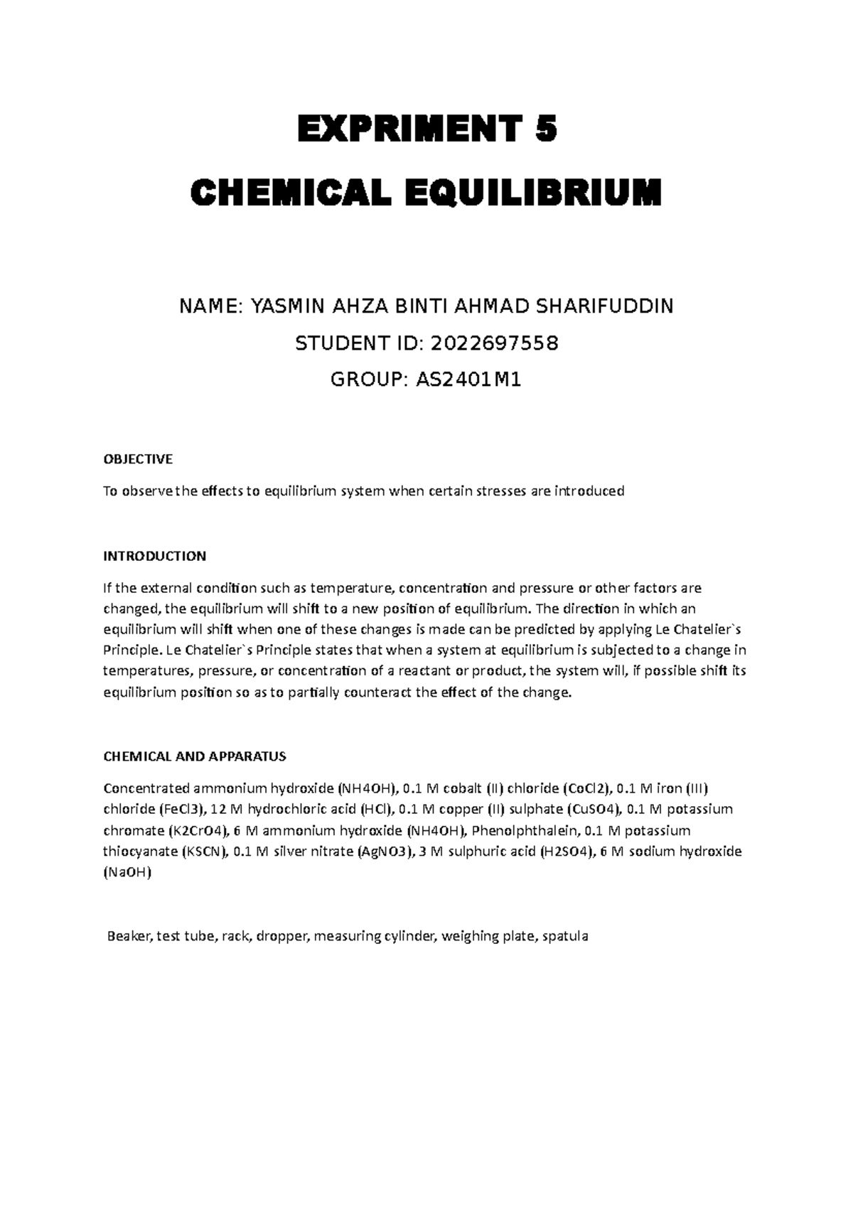 Expriment 5 chm - experiment chemist chemical equilibrium - EXPRIMENT 5 CHEMICAL EQUILIBRIUM ...