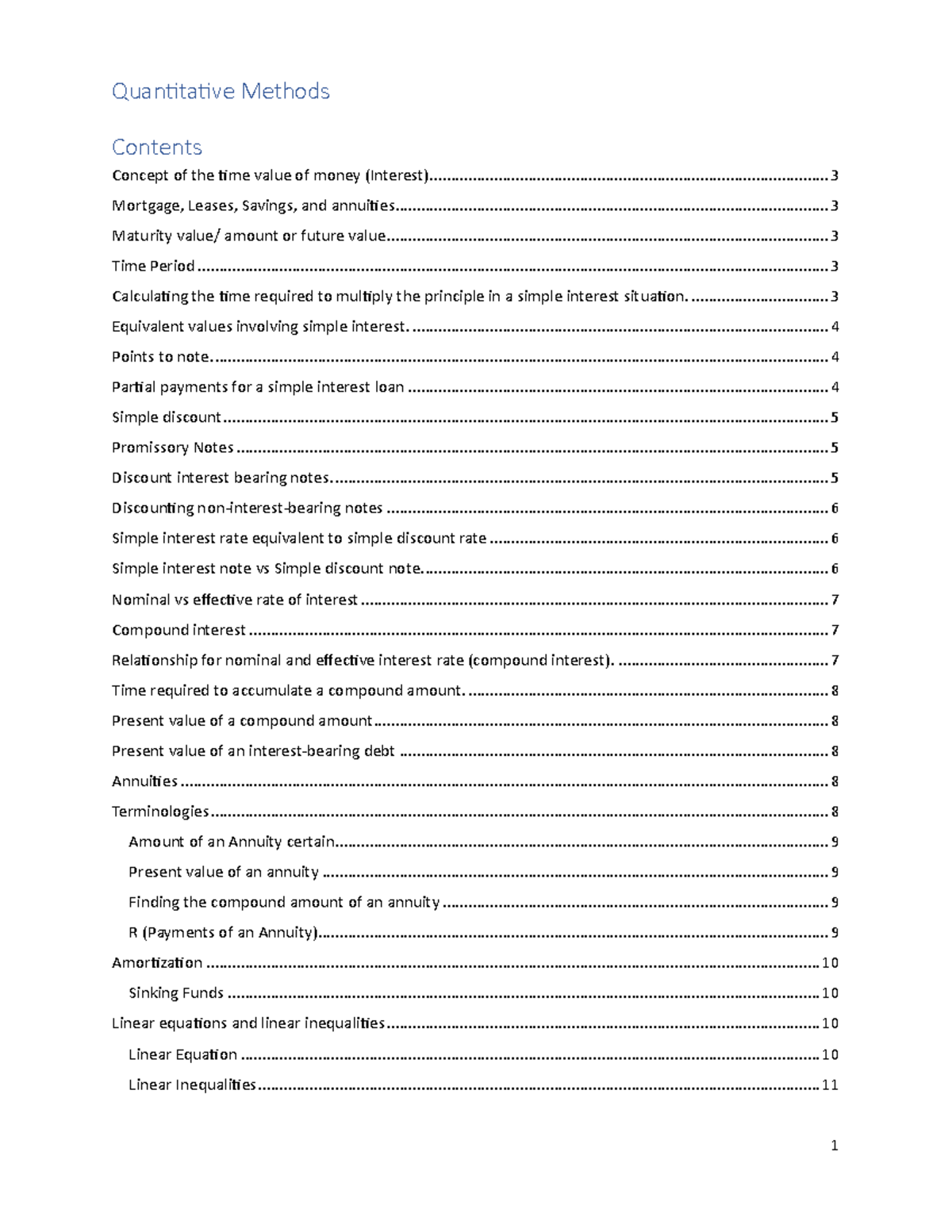 Chapter 1 - Summary Quantitative Methids - Contents Concept of the time ...