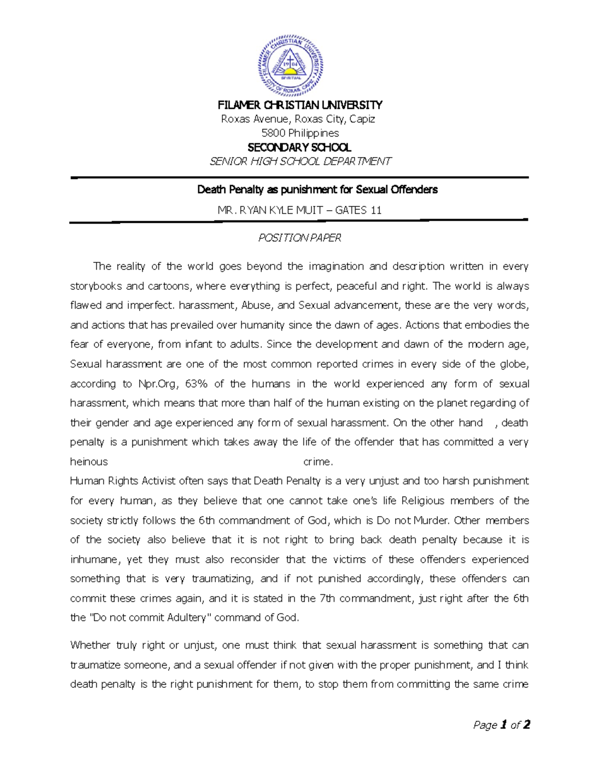 Englidh 4 Position Paper - FILAMER CHRISTIAN UNIVERSITY Roxas Avenue ...