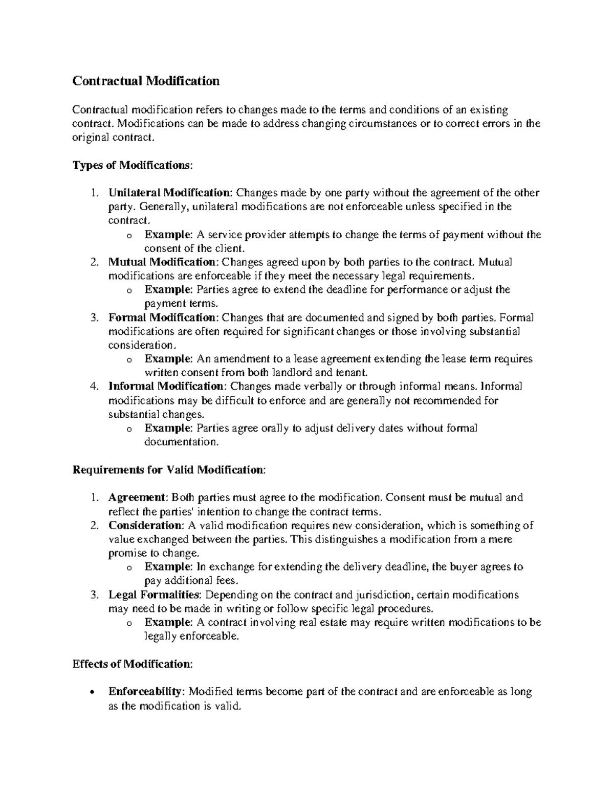 Contractual modification refers to changes made to the terms and ...