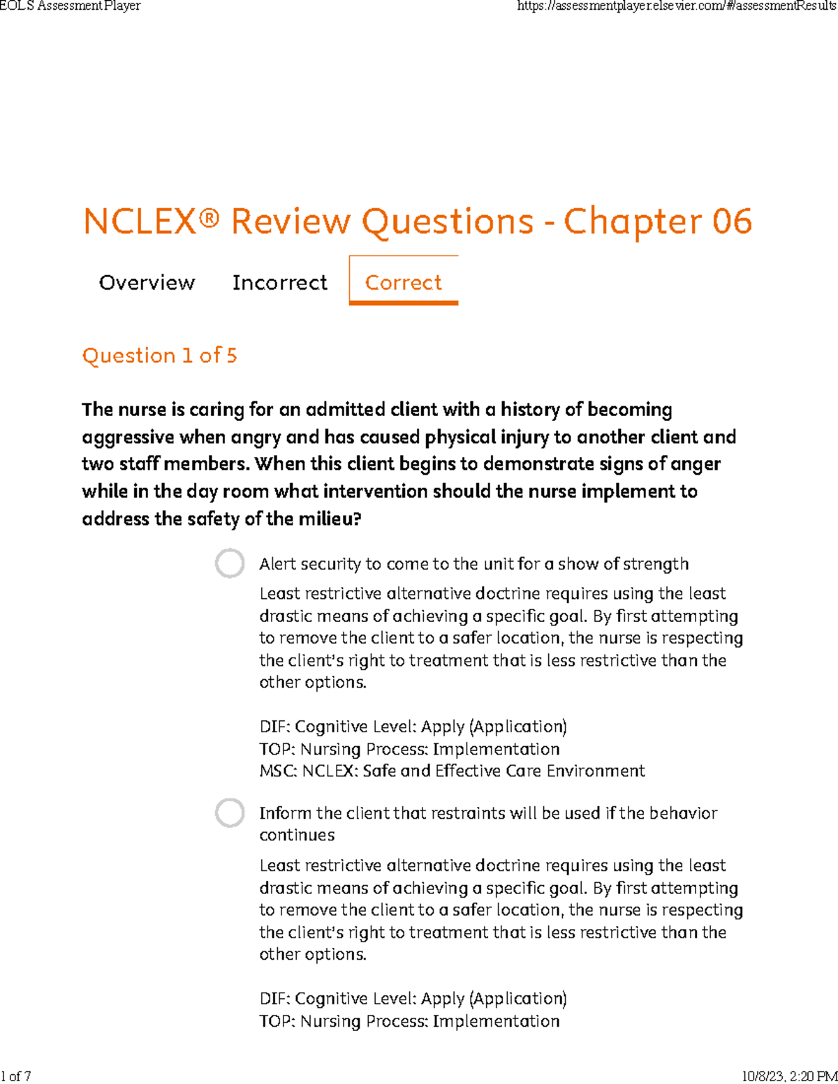 Chapter 6 Nclex MH - practice materials - NCLEX® Review Questions - Chapter 06 Question 1 of 5 ...