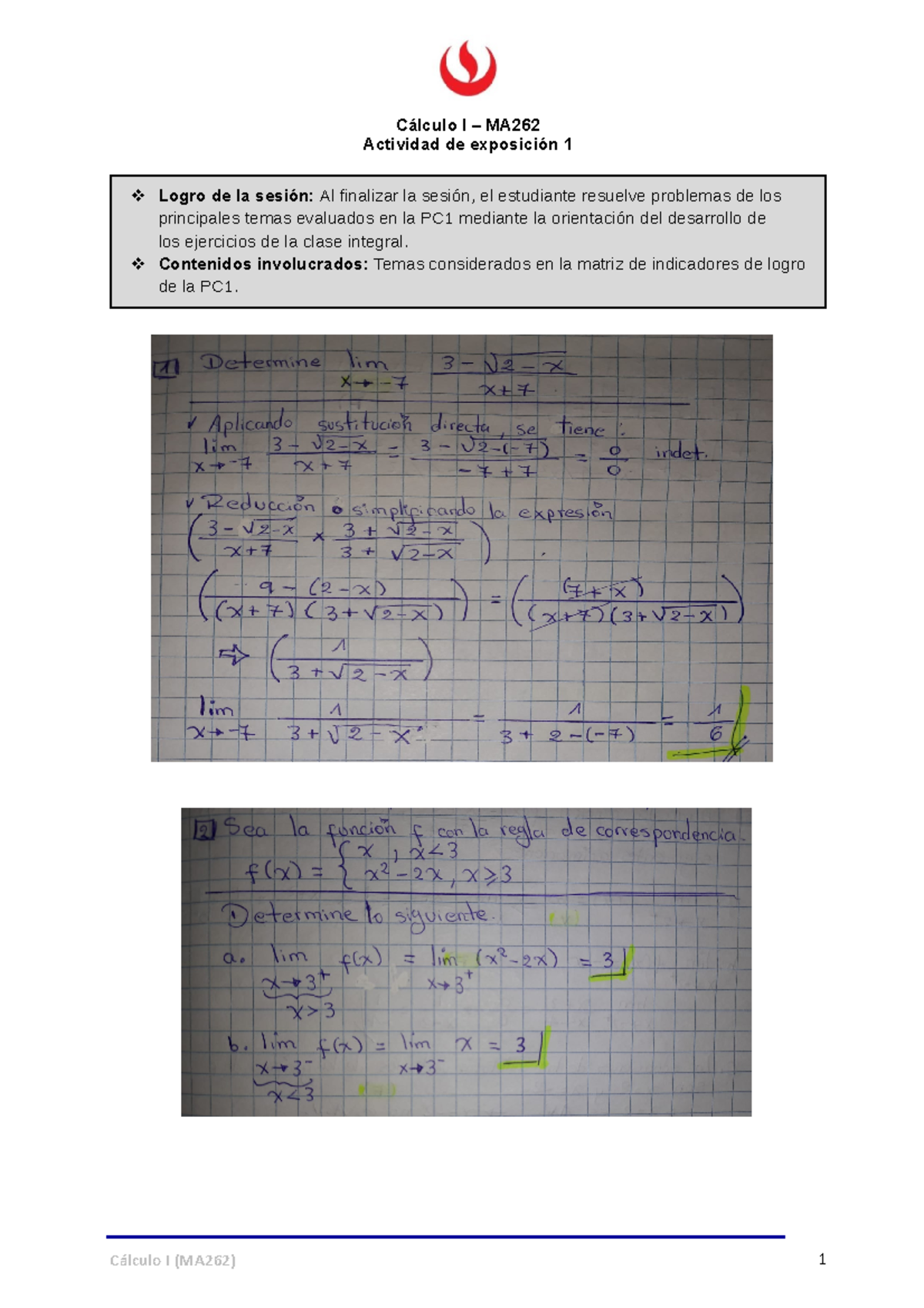 MA262 Actividad de exposición 1 - 1 Cálculo I – MA Actividad de exposición 1 Logro de la sesión ...