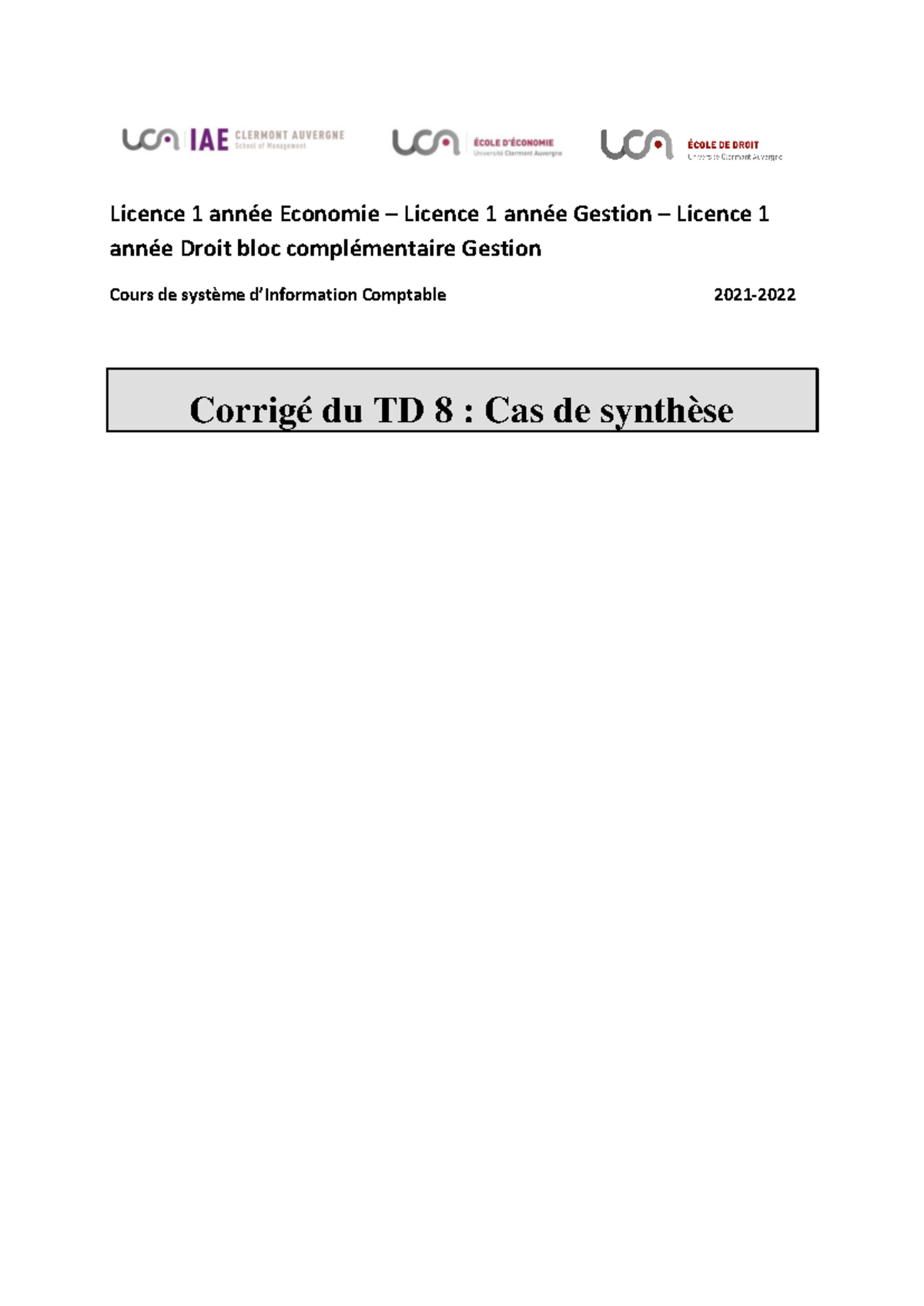 TD8 Correction - TD de sic l1 - Licence 1 année Economie – Licence 1 année Gestion – Licence 1 ...
