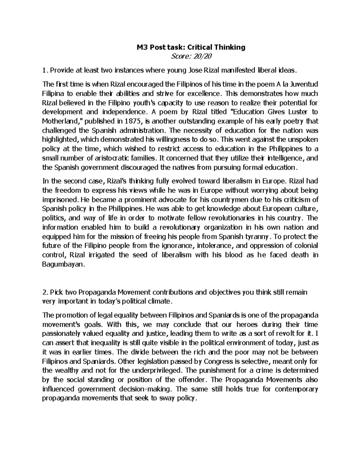 M3 Post task Critical Thinking - M3 Post task: Critical Thinking Score: 20/ Provide at least two ...