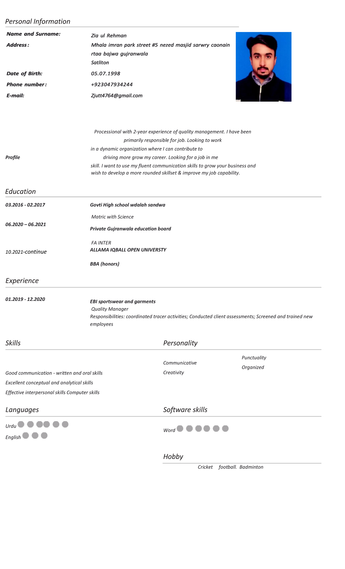 Zia ul rehman CV - Personal Information Processional with 2-year ...