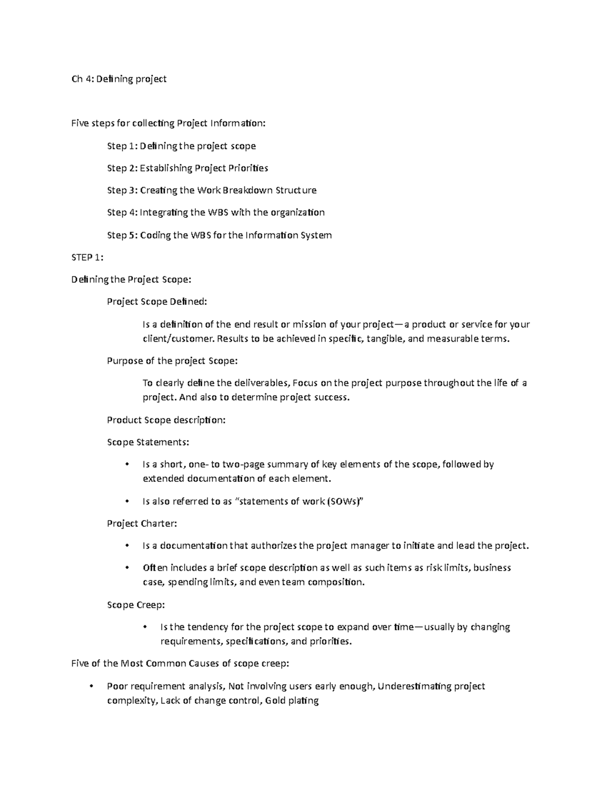 3331 Ch 4 - Lecture notes 4 - Ch 4: Defining project Five steps for ...