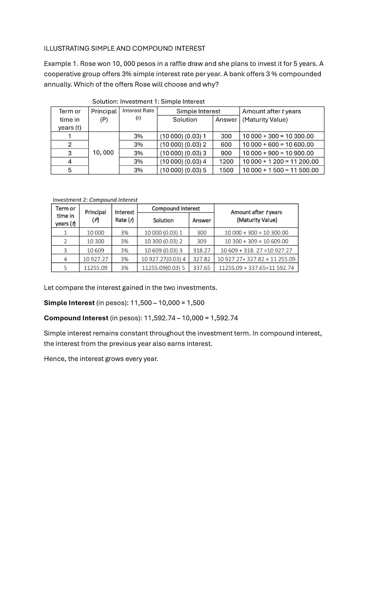 Simple & Compound Interest (continuation) - ILLUSTRATING SIMPLE AND ...