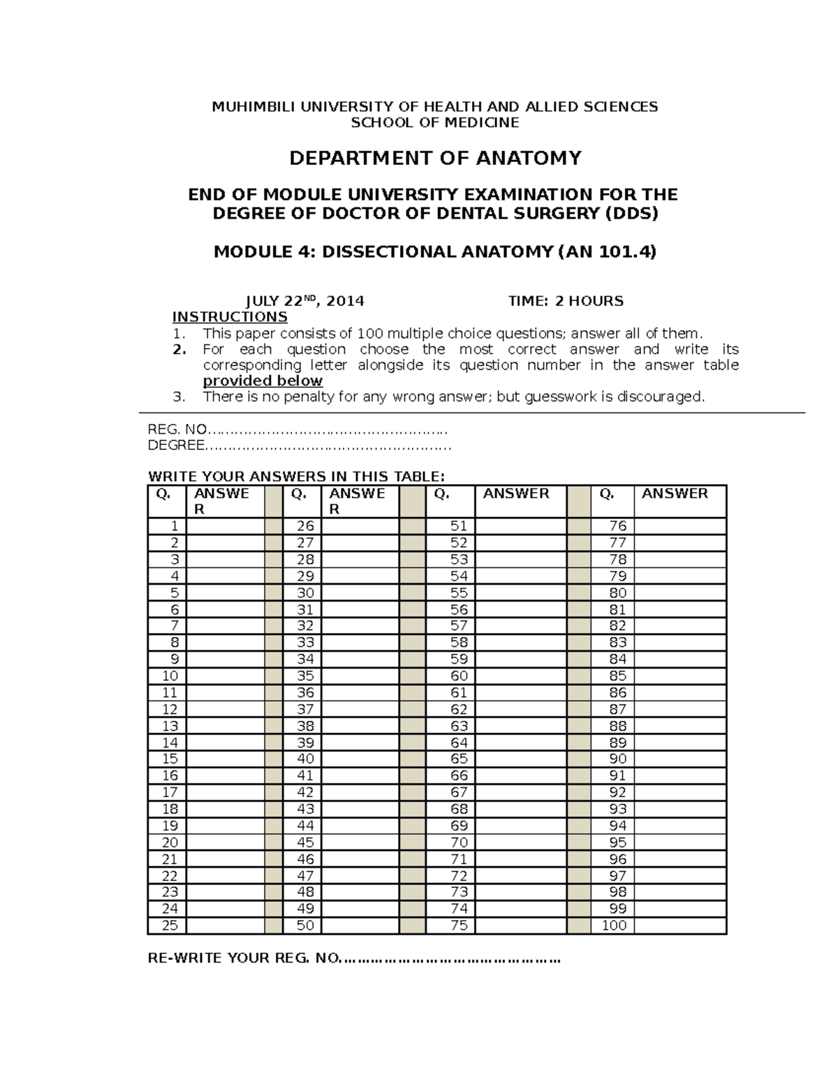 Dissectional Questions 4 - MUHIMBILI UNIVERSITY OF HEALTH AND ALLIED ...