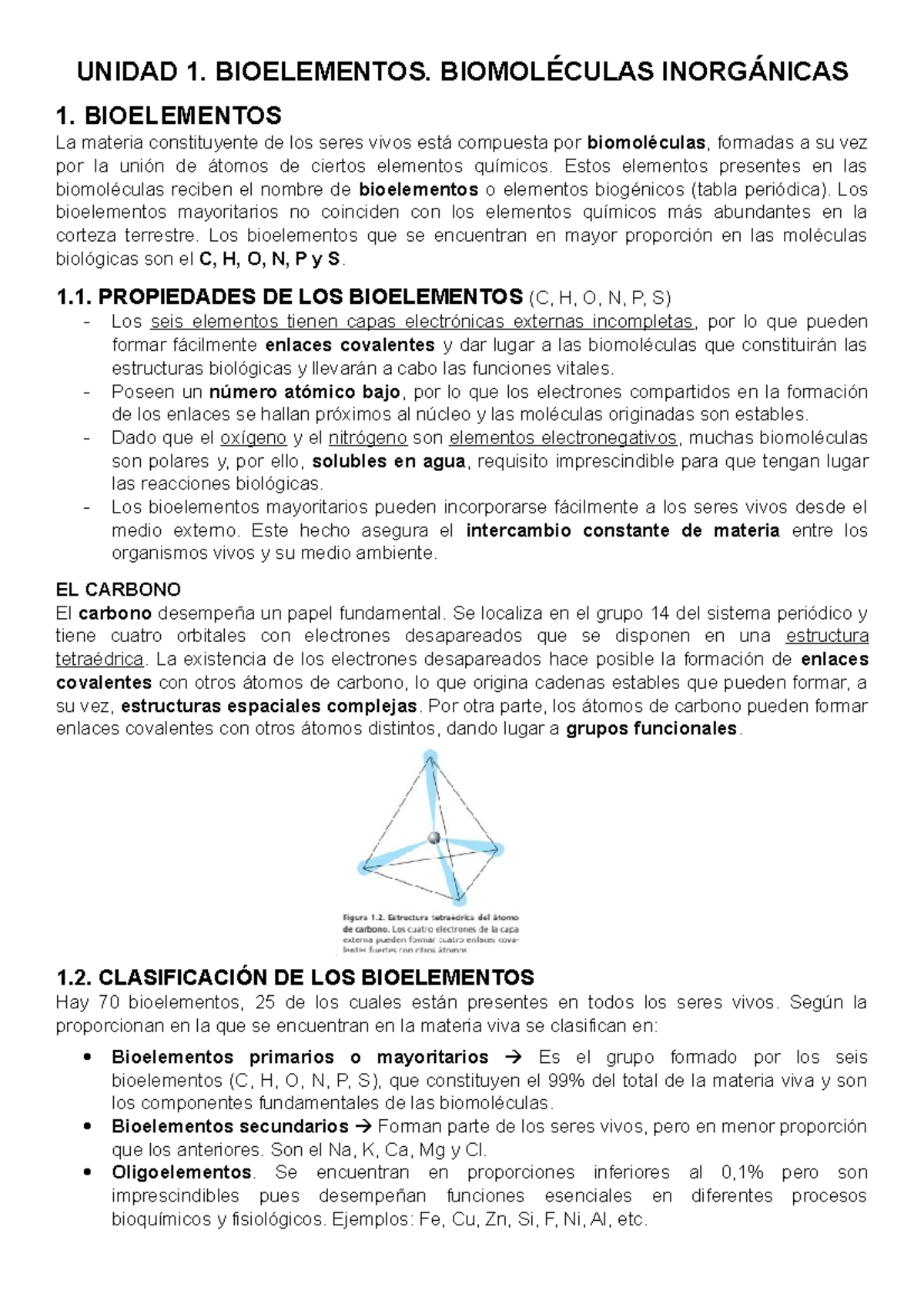 Unidad 1. Bioelementos. Biomoléculas inorgánicas (resumen) - UNIDAD 1. BIOELEMENTOS ...