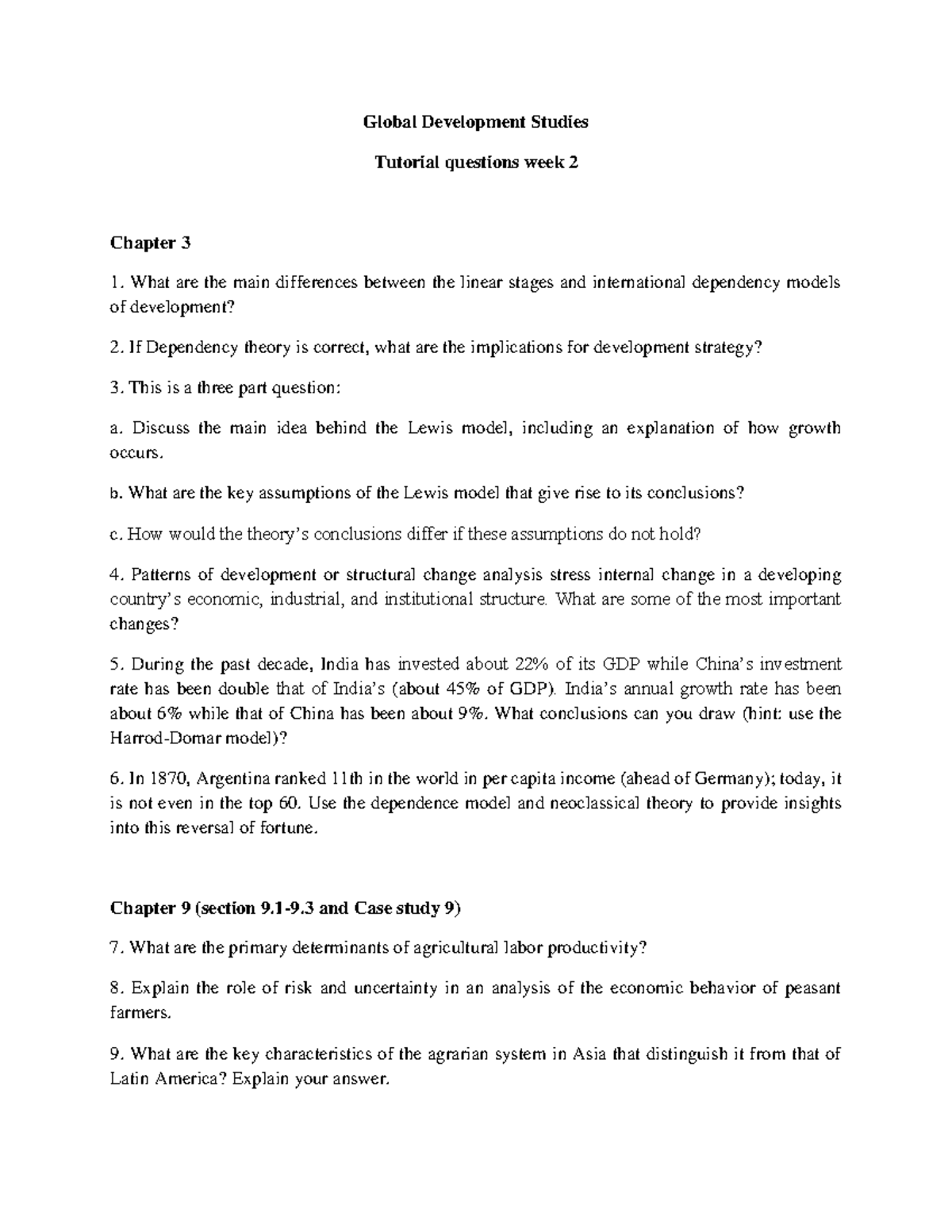 Tutorial questions week 2 - Global Development Studies Tutorial ...