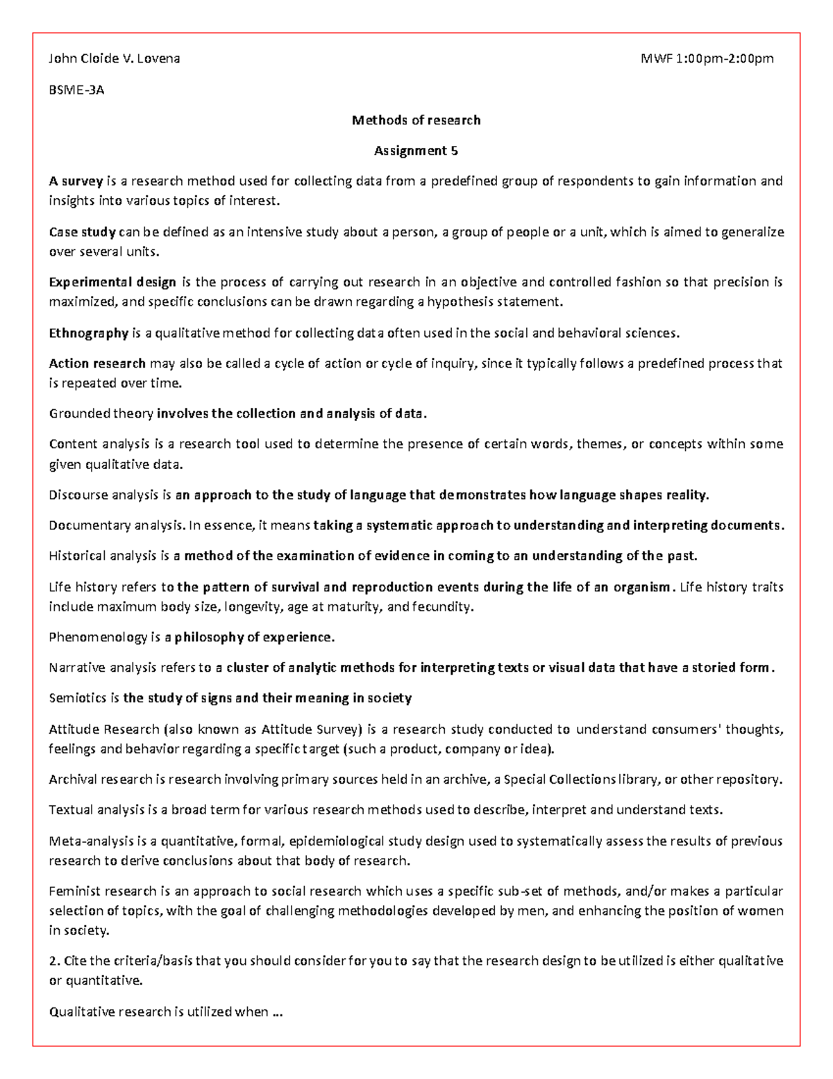 Methods of Research Assignment 5 - John Cloide V. Lovena MWF 1:00pm-2 ...
