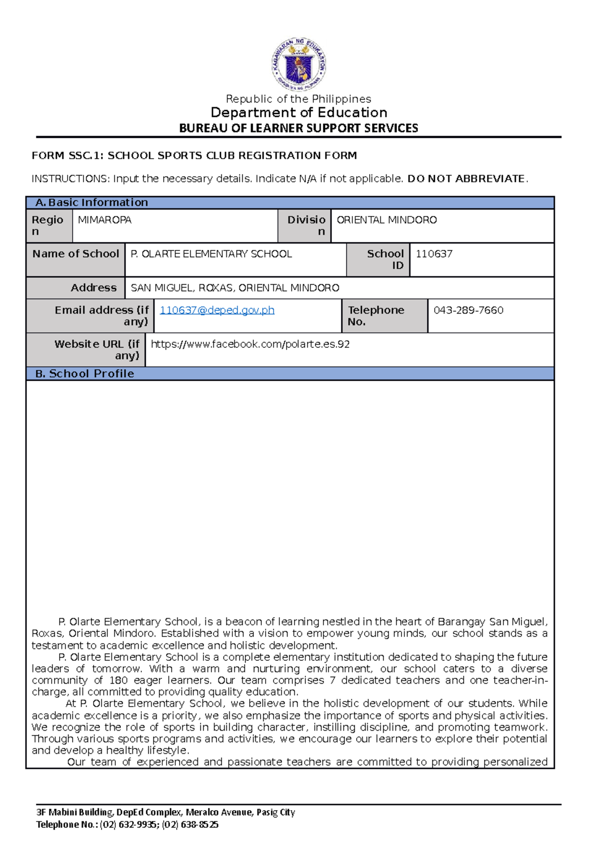 FORM-SSC - REPORT - Republic of the Philippines Department of Education ...