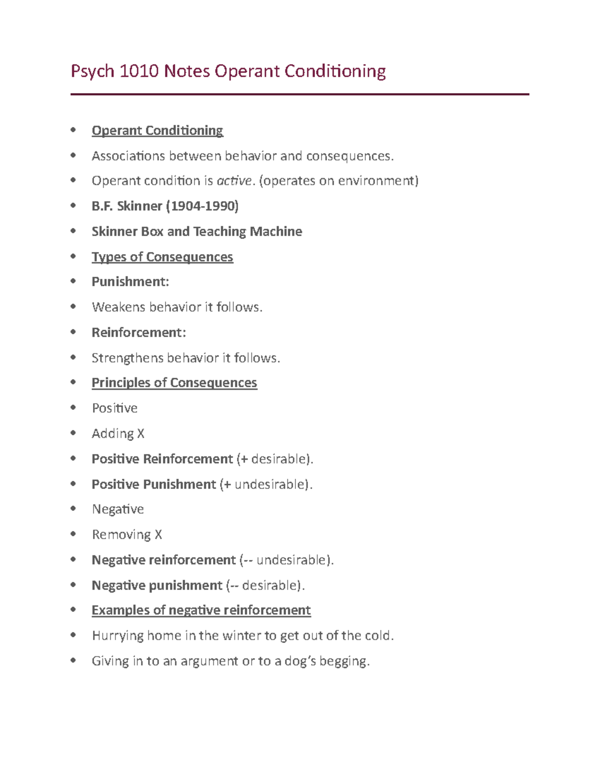 Psych 1010 Notes Operant Conditioning - Psych 1010 Notes Operant ...