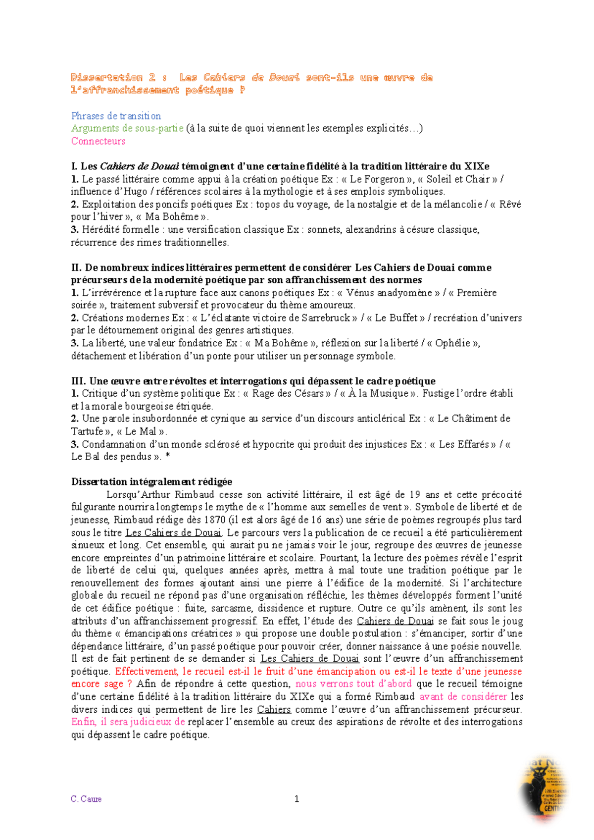 Dissertation a imprimer 1 - Dissertation 2 : Les Cahiers de Douai sont ...