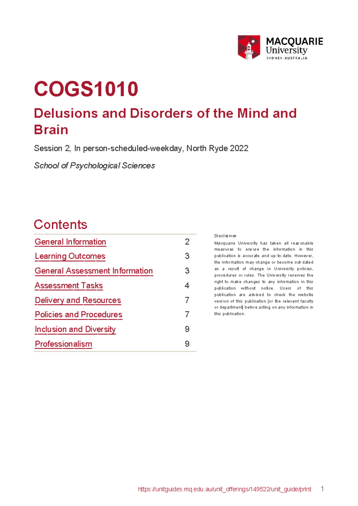 Unit Guide COGS1010 2022 Session 2, In person-scheduled-weekday, North Ryde - COGS Delusions and ...