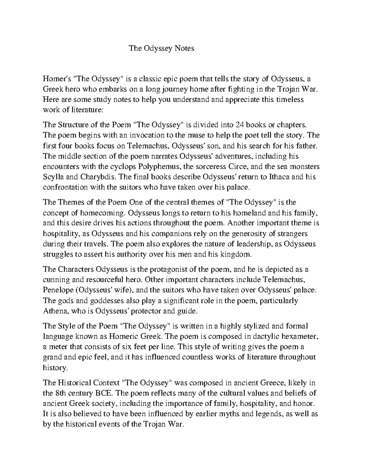 The Odyssey Notes pt 2 - The Odyssey Notes Homer's "The Odyssey" is a ...