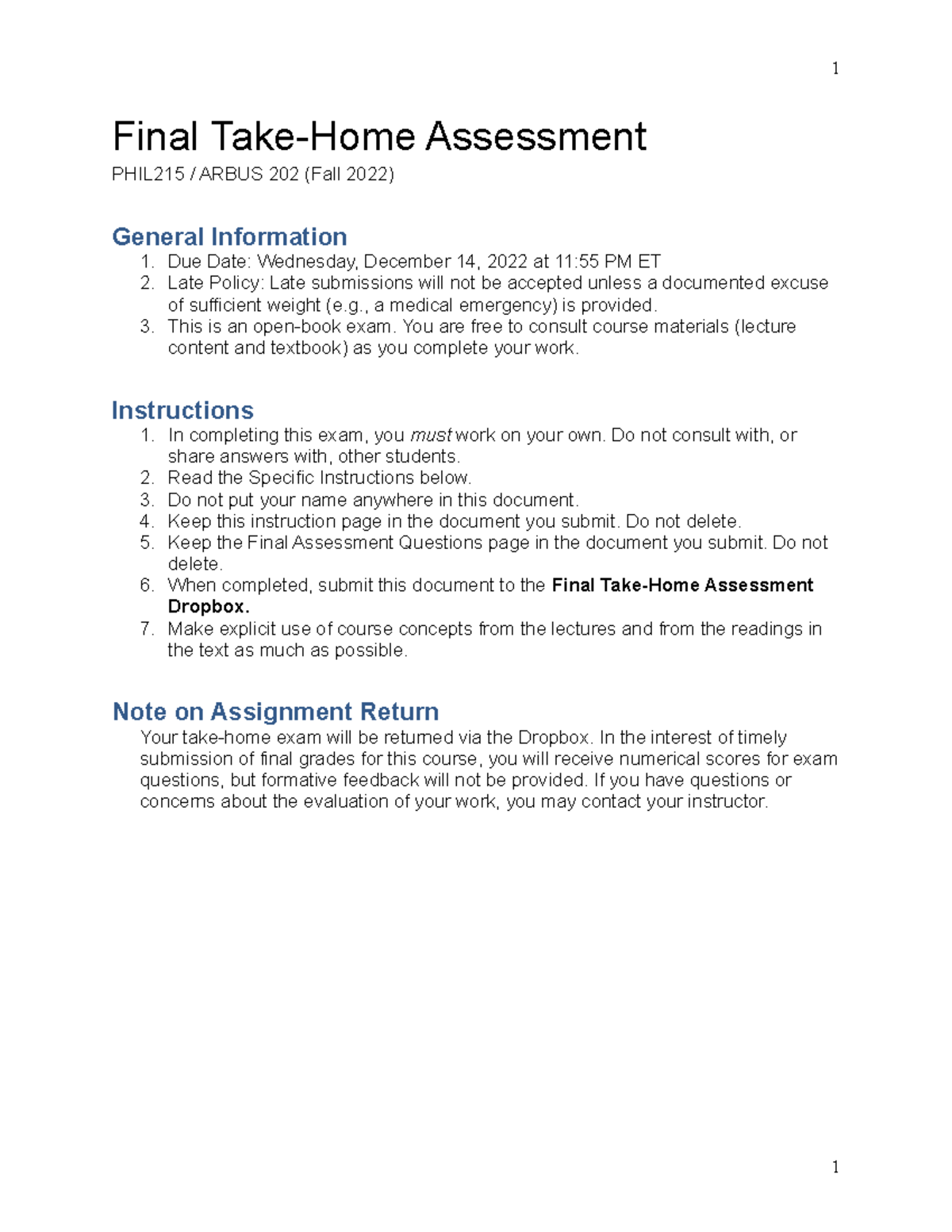 Assignment Arbus final - Final Take-Home Assessment PHIL215 / ARBUS 202 (Fall 2022) General ...