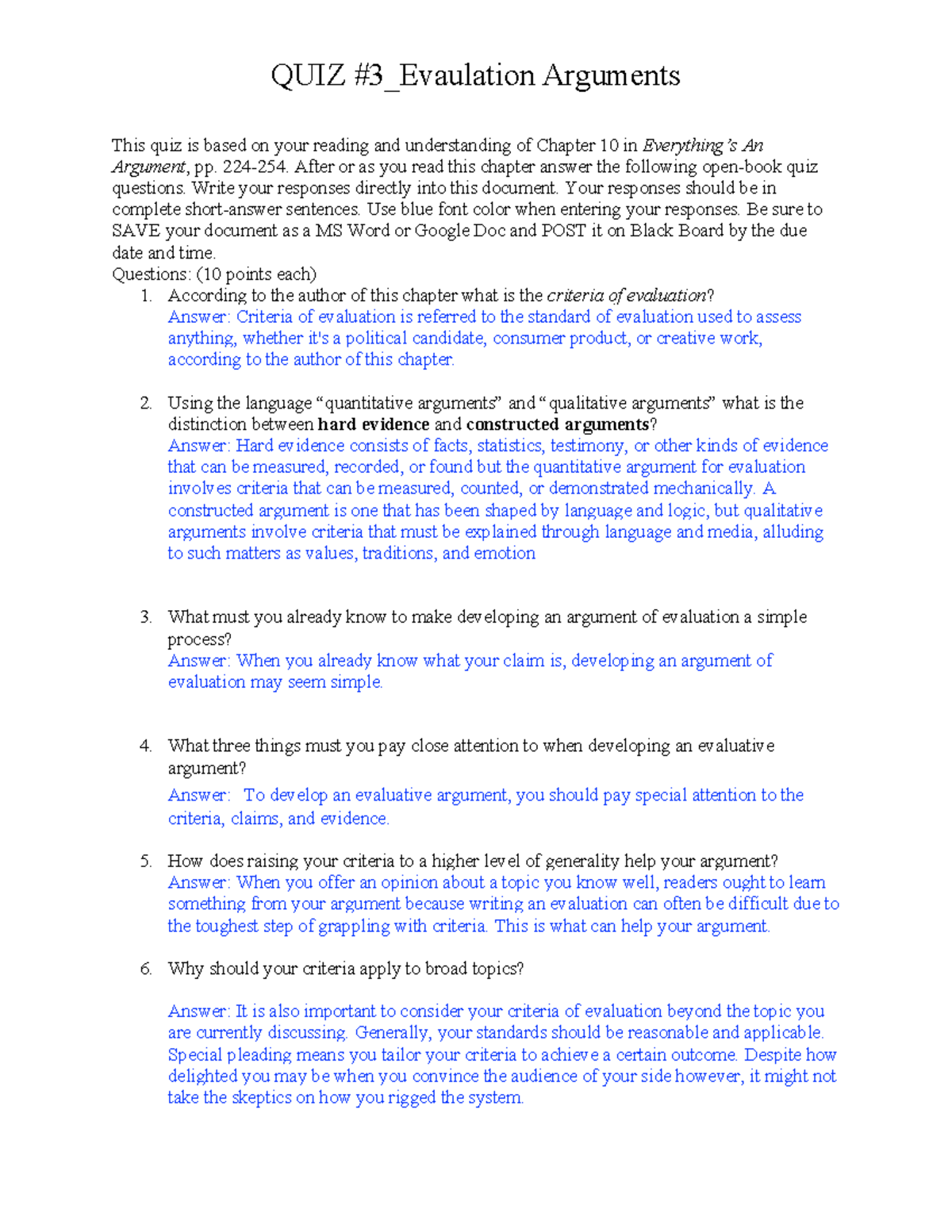 Evaluation Arguments - QUIZ #3_Evaulation Arguments This quiz is based on your reading and - Studocu
