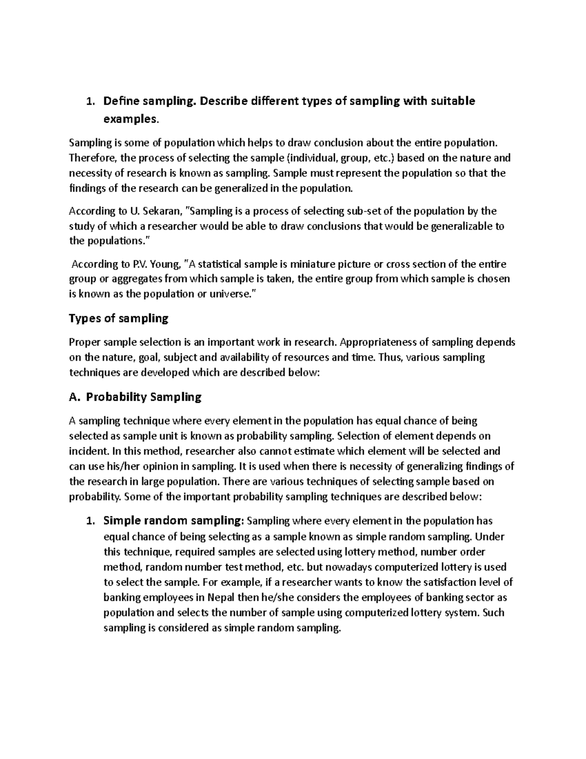 Document - Notes - 1. Define sampling. Describe different types of ...