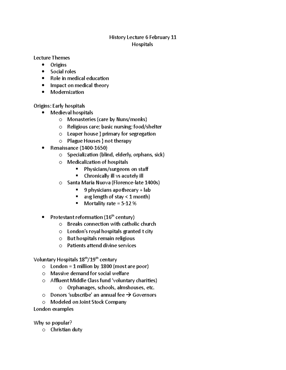 History Lecture 6 February 11 - History Lecture 6 February 11 Hospitals ...