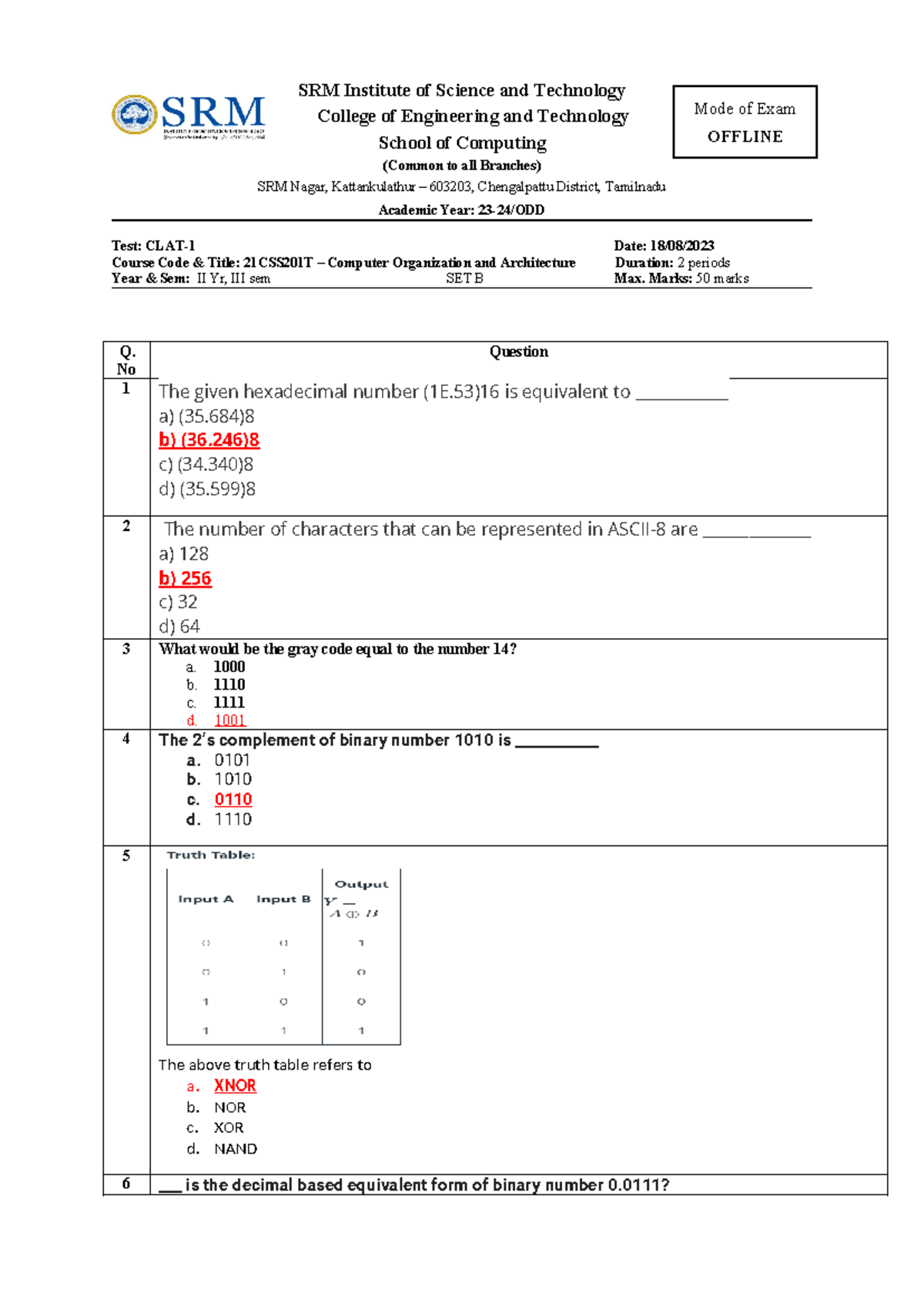 Answer Key Set B Coa Srm Institute Of Science And Technology College Of Engineering And