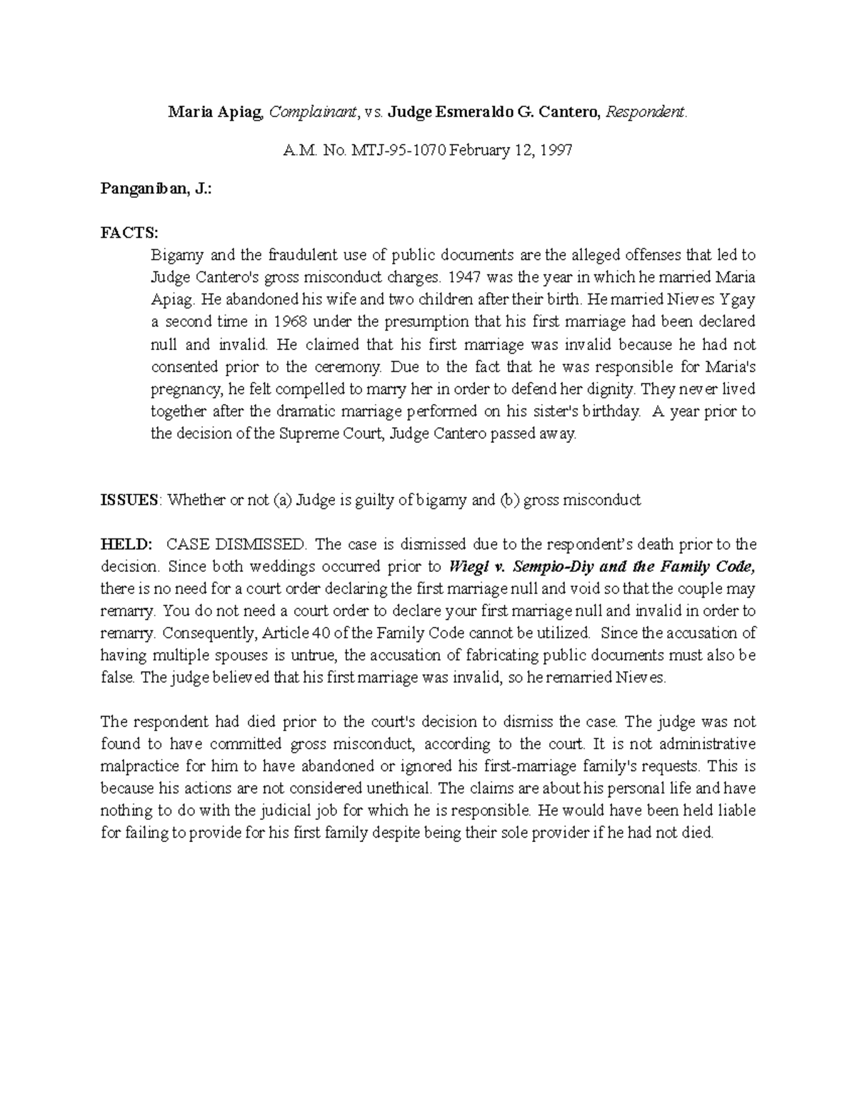Case Digest Bigamy - Maria Apiag, Complainant, vs. Judge Esmeraldo G ...
