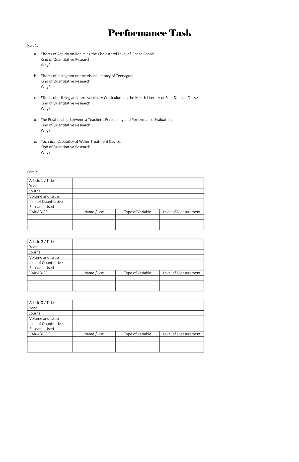 Performance Task - Performance Task Part 1. a. Effects of Aspirin on ...
