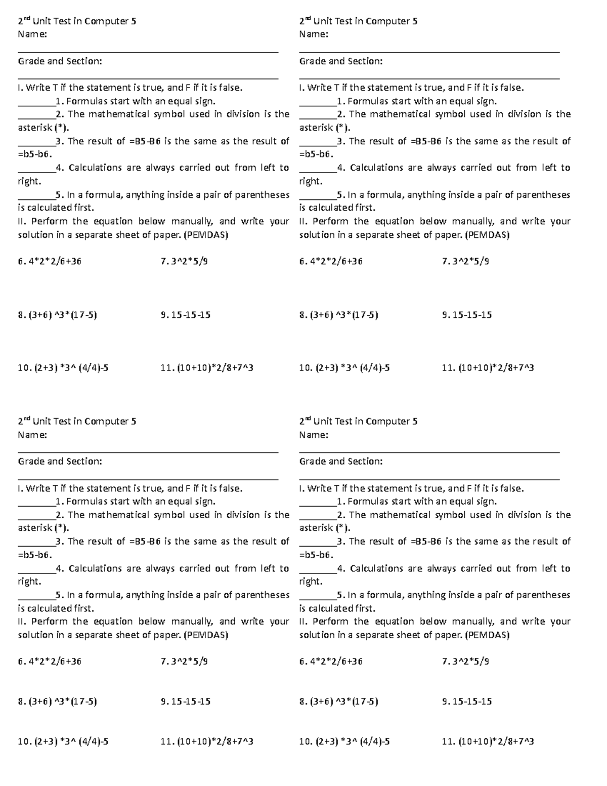 2nd Unit Test in Computer 5 - 2 nd Unit Test in Computer 5 Name: Grade ...