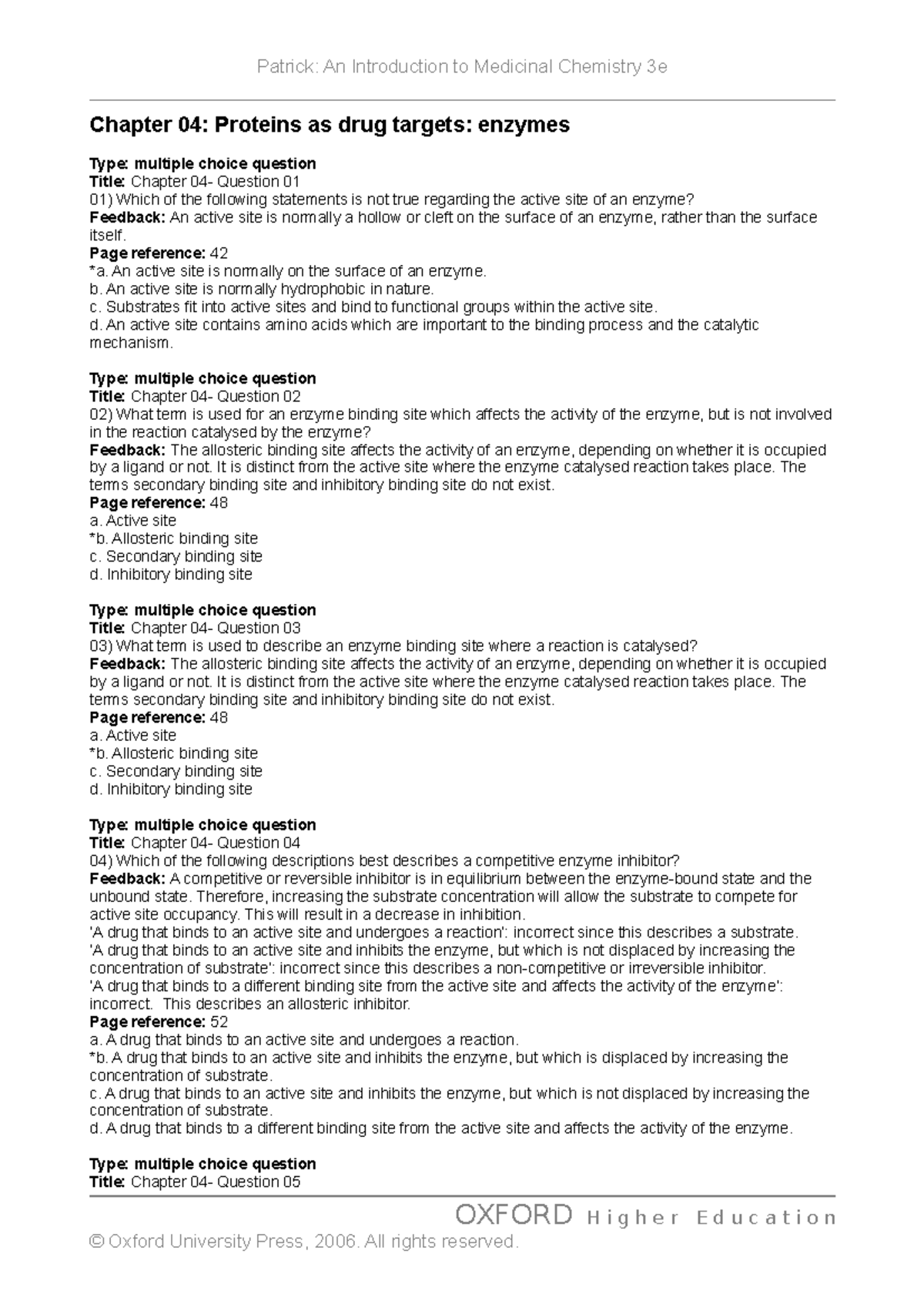 Patrick tb ch04 - practice questions - Chapter 04: Proteins as drug targets: enzymes Type ...
