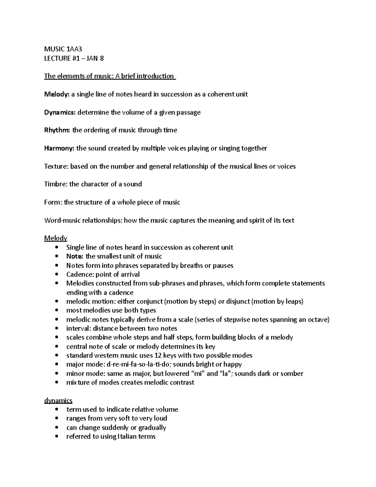 Music 1AA3 lecture notes - MUSIC 1AA LECTURE #1 – JAN 8 The elements of ...