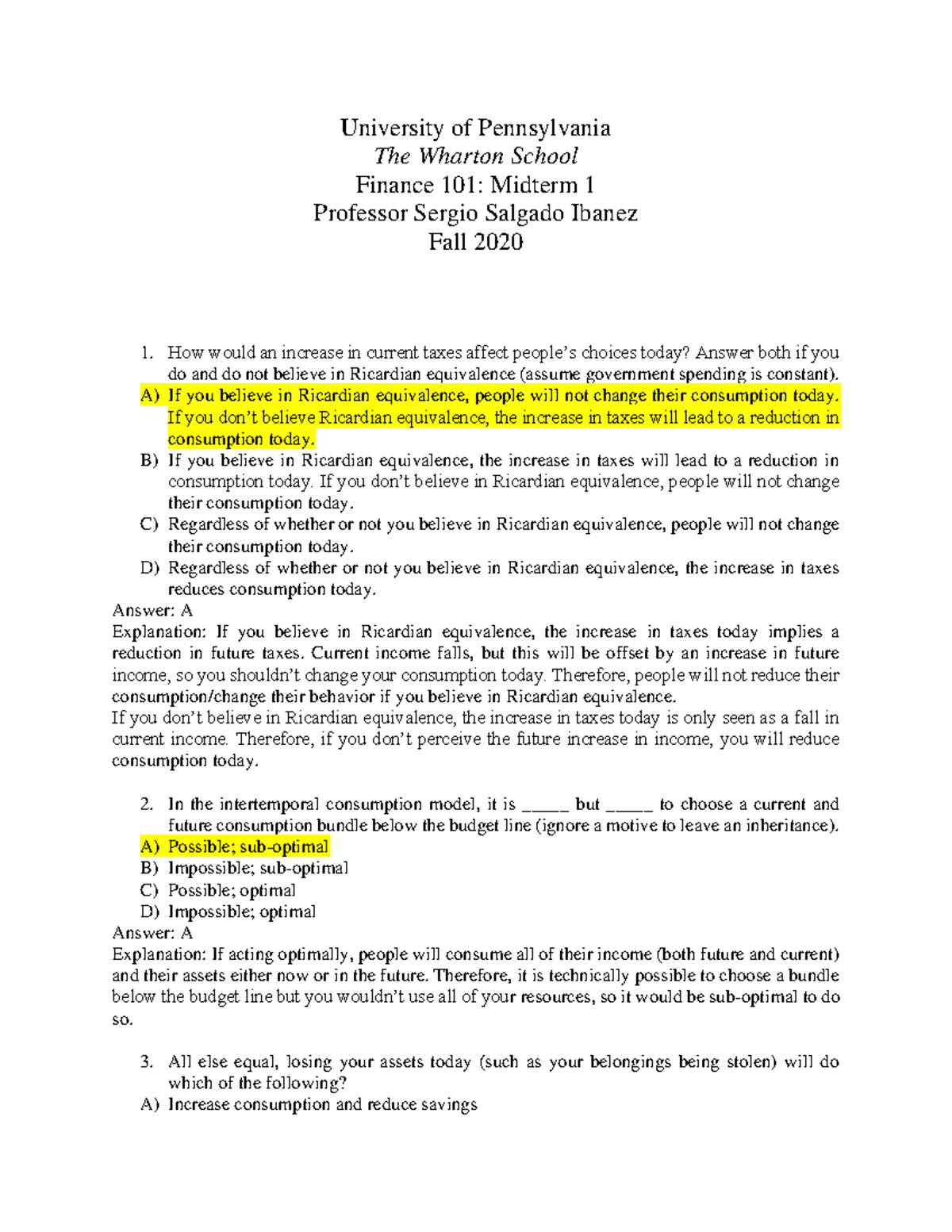 Midterm 1 Solutions - University of Pennsylvania The Wharton School Finance 101: Midterm 1 ...