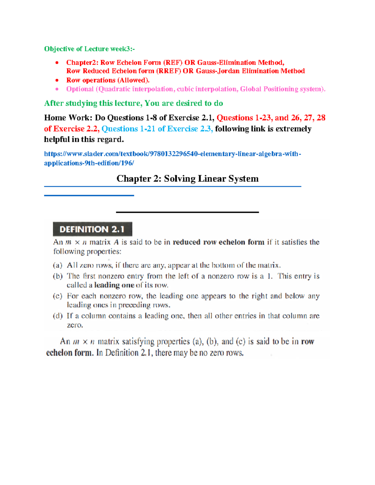 Chapter 2 System of equations - Objective of Lecture week3:- • Chapter2: Row Echelon Form (REF ...