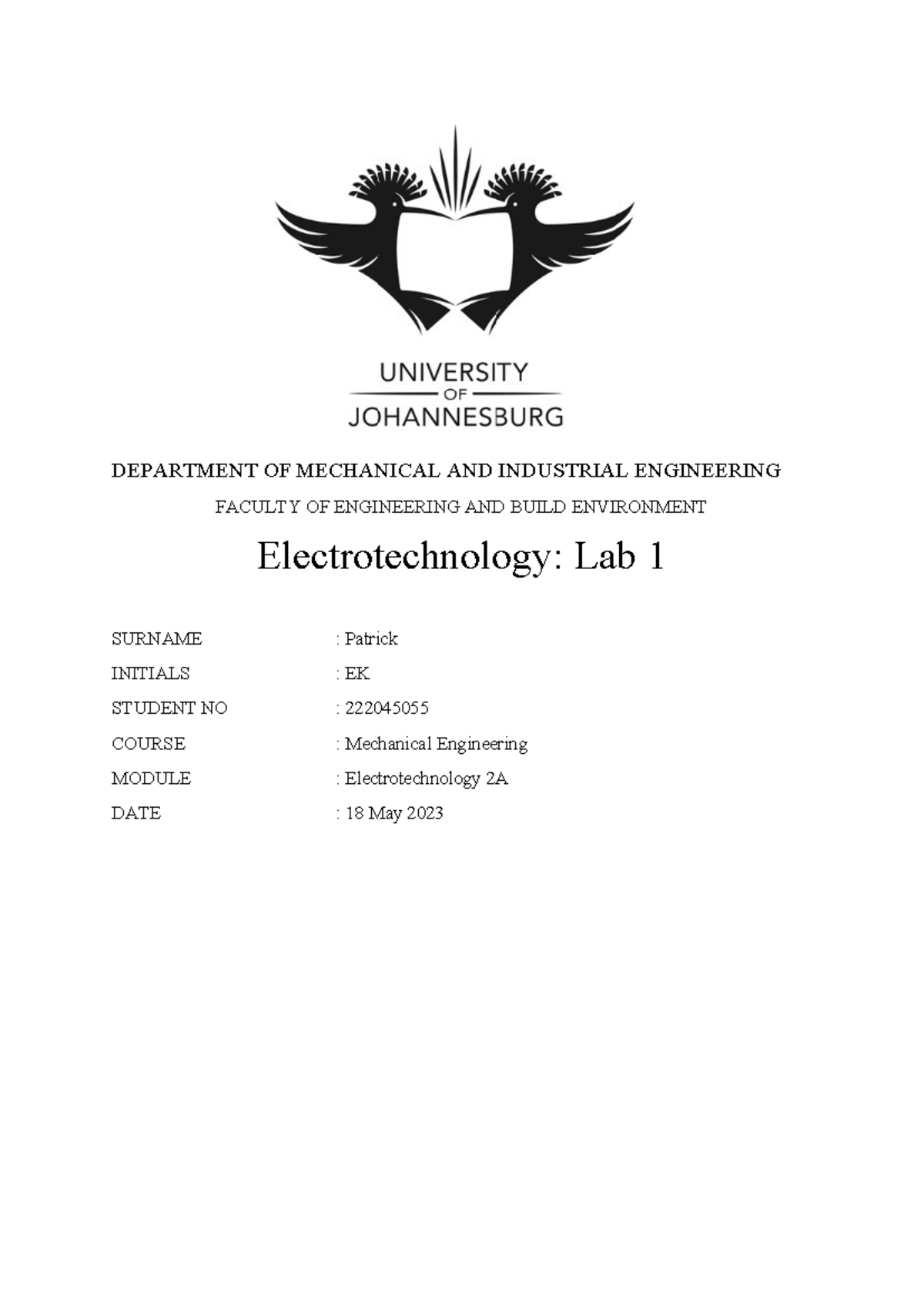 222045055 EK Patrick Electrotechnology Lab report - DEPARTMENT OF ...