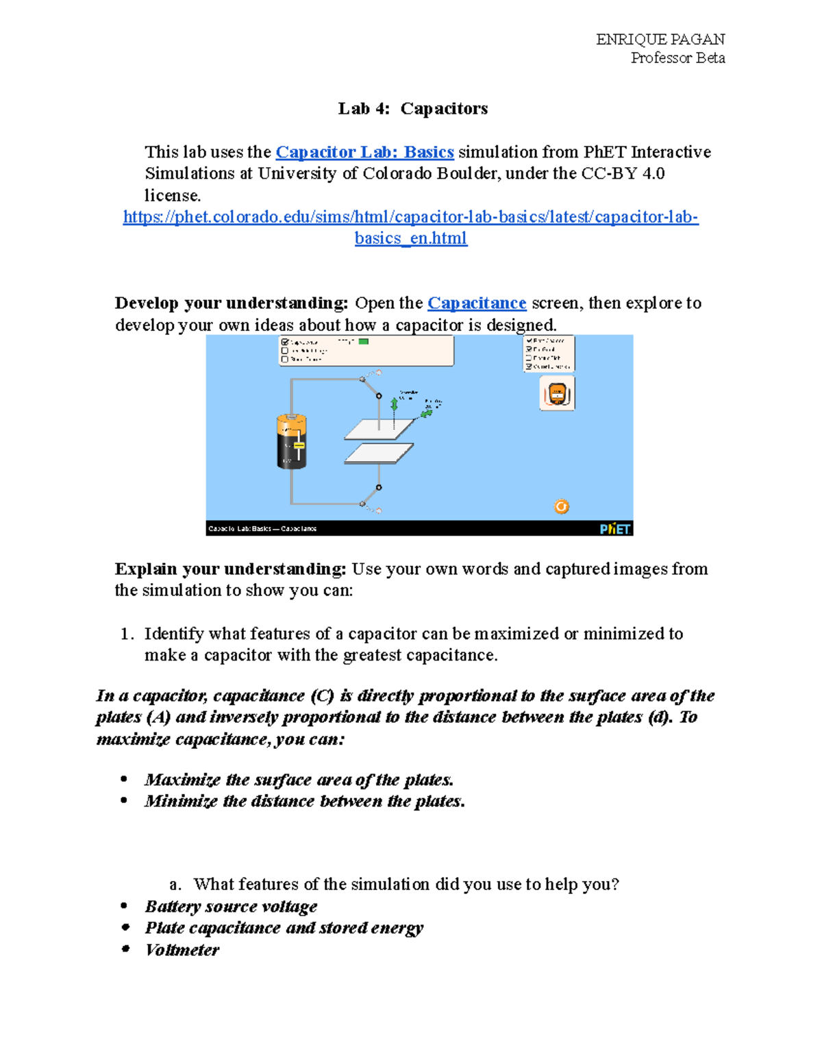 3. Capacitor Lab (1)finished - Professor Beta Lab 4: Capacitors This ...