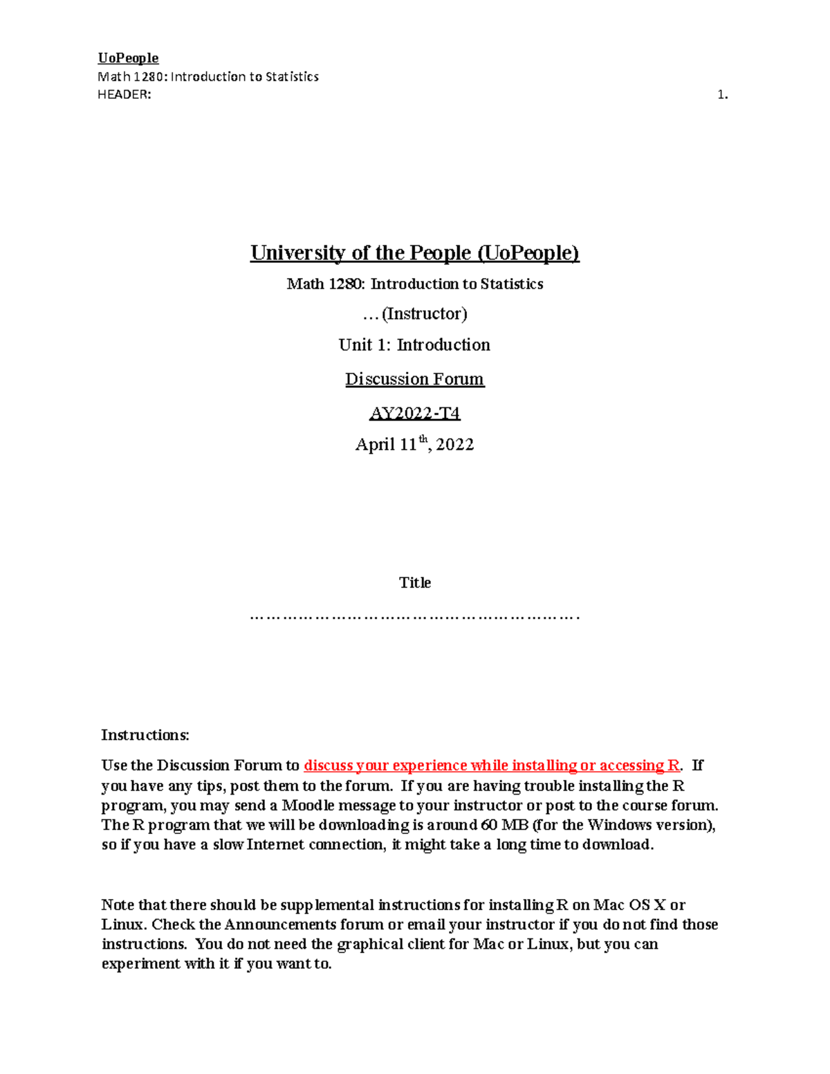 [Draft Short Essay] Unit 1 Discussion Forum- Maths 1280-Introduction to ...