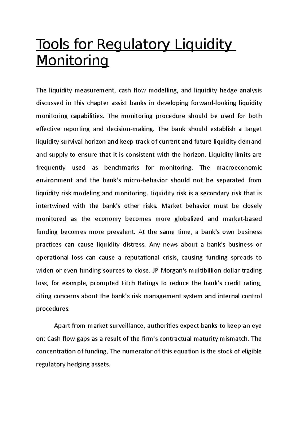 Tools for Regulatory Liquidity Monitoring - Tools for Regulatory ...