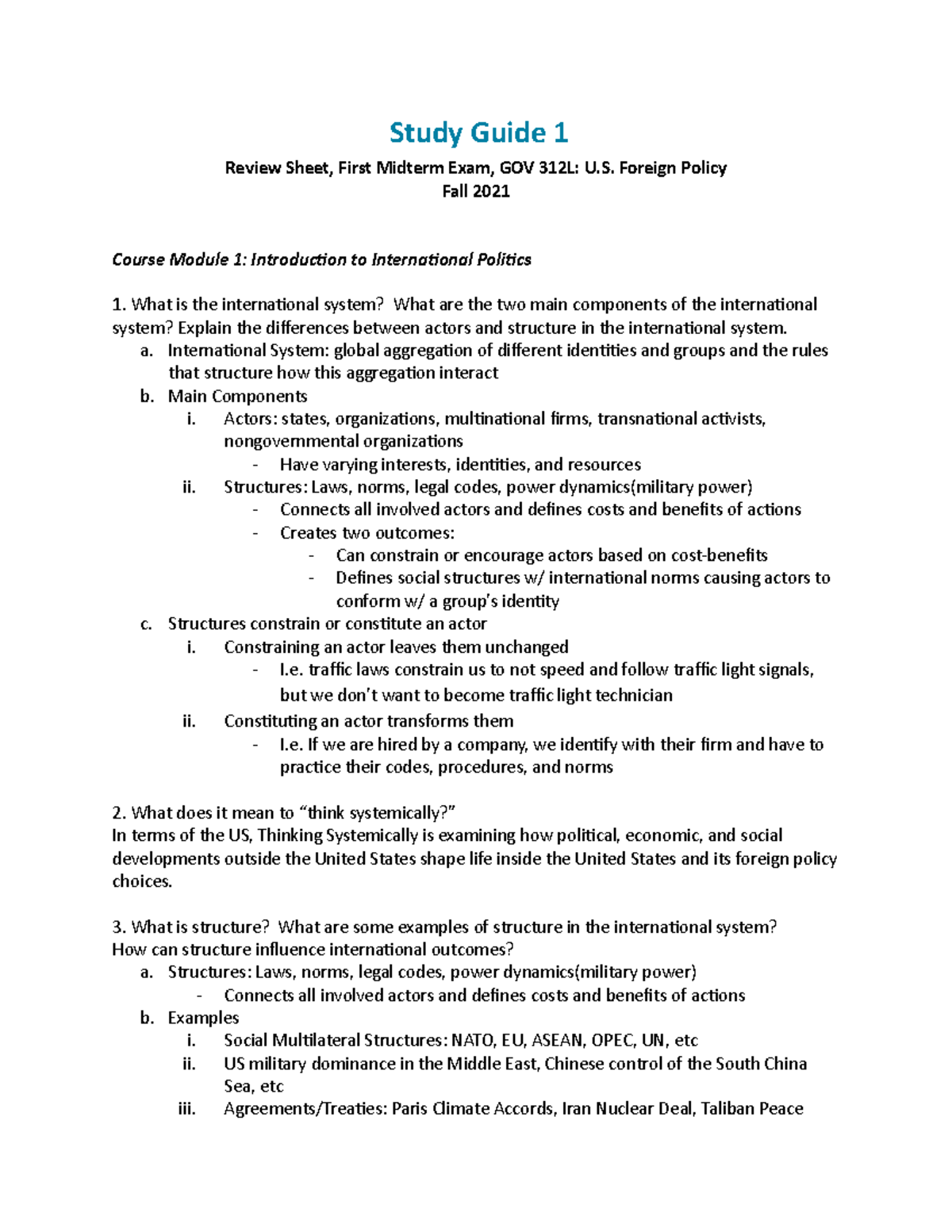Gov312L Study Guide 1 - Study Guide 1 Review Sheet, First Midterm Exam ...