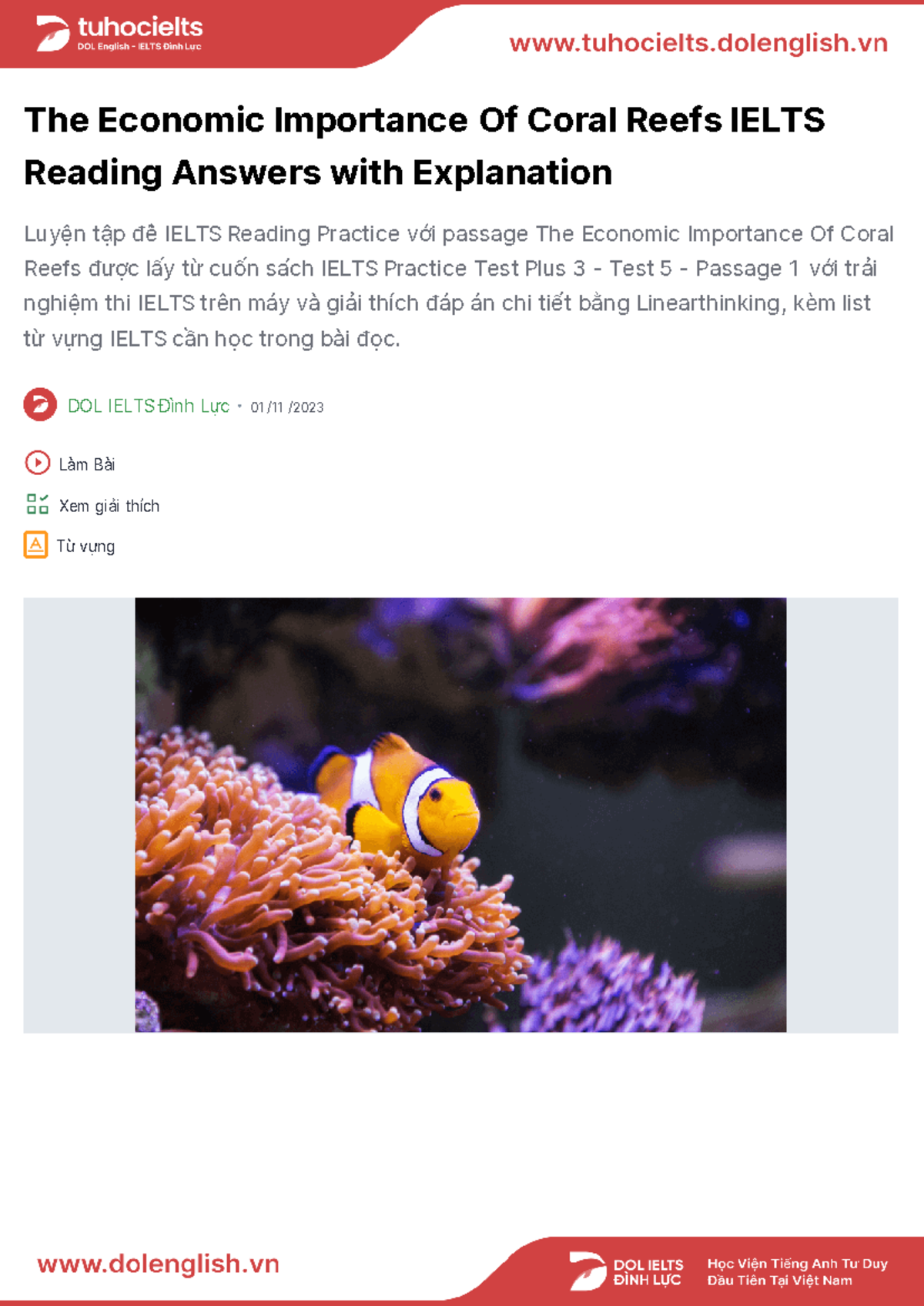 The economic importance of coral reefs - DOL IELTS Đình Lực The Economic Importance Of Coral ...
