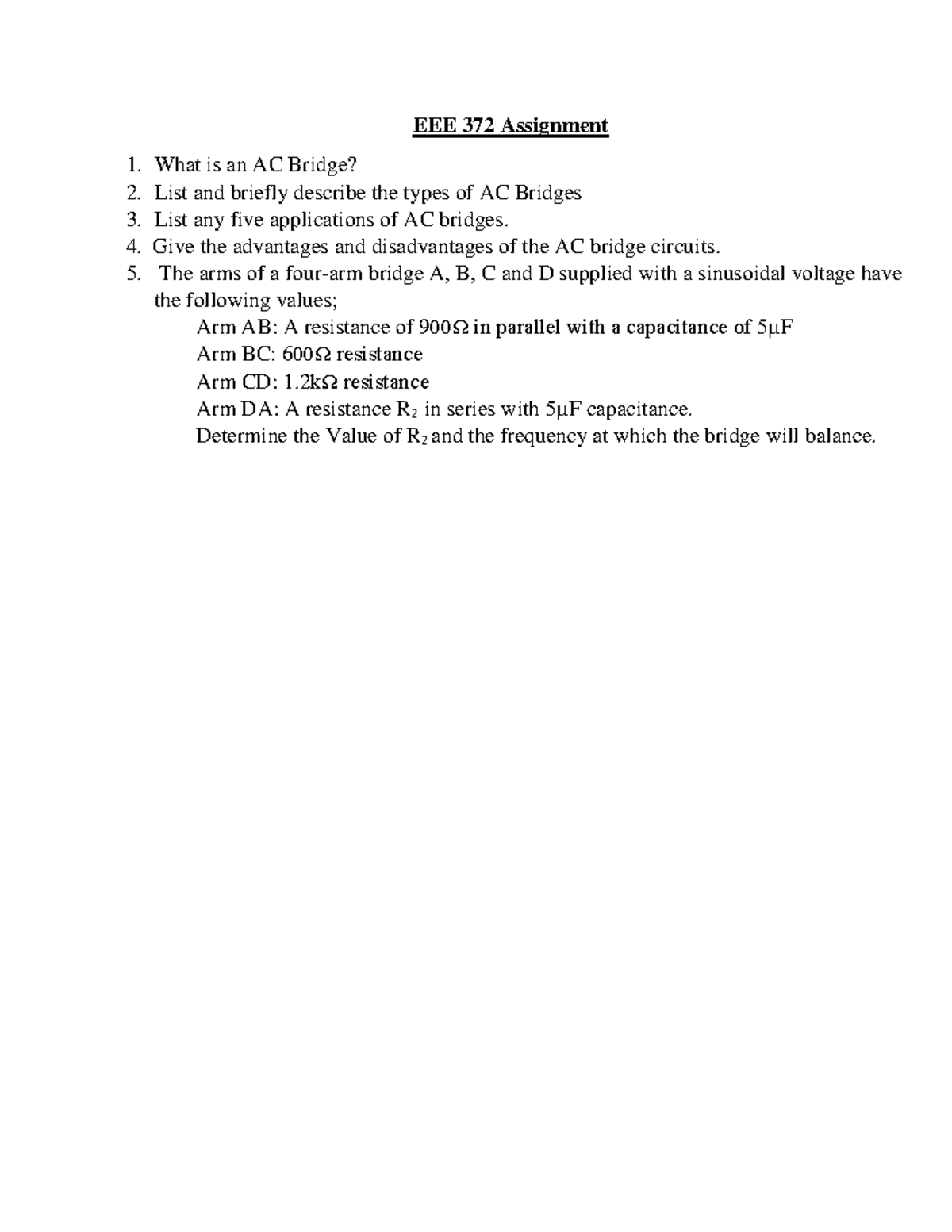 EEE 372 Assignment - EEE 372 Assignment What is an AC Bridge? List and ...