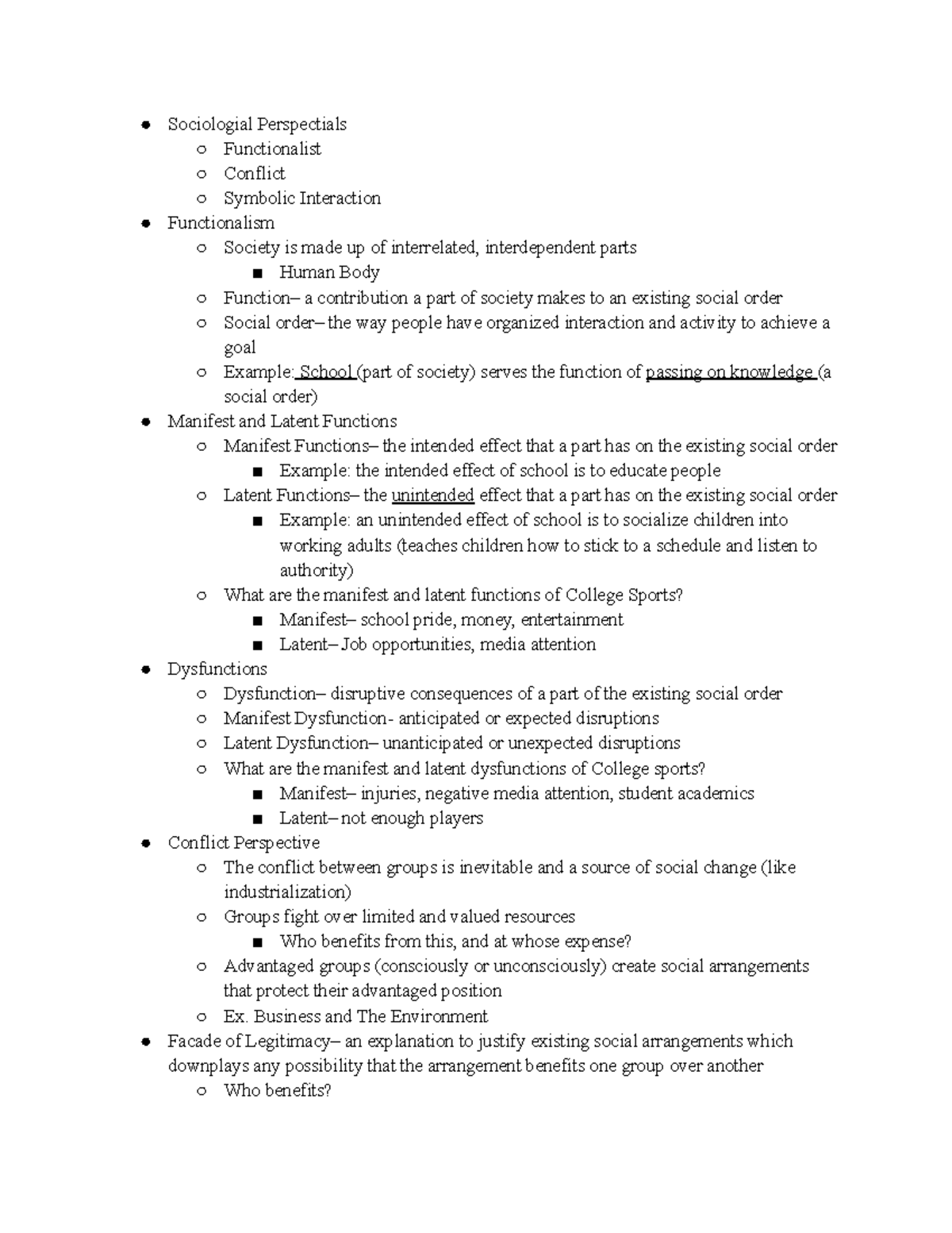 Sociology notes 2 - Sociologial Perspectials Functionalist Conflict ...