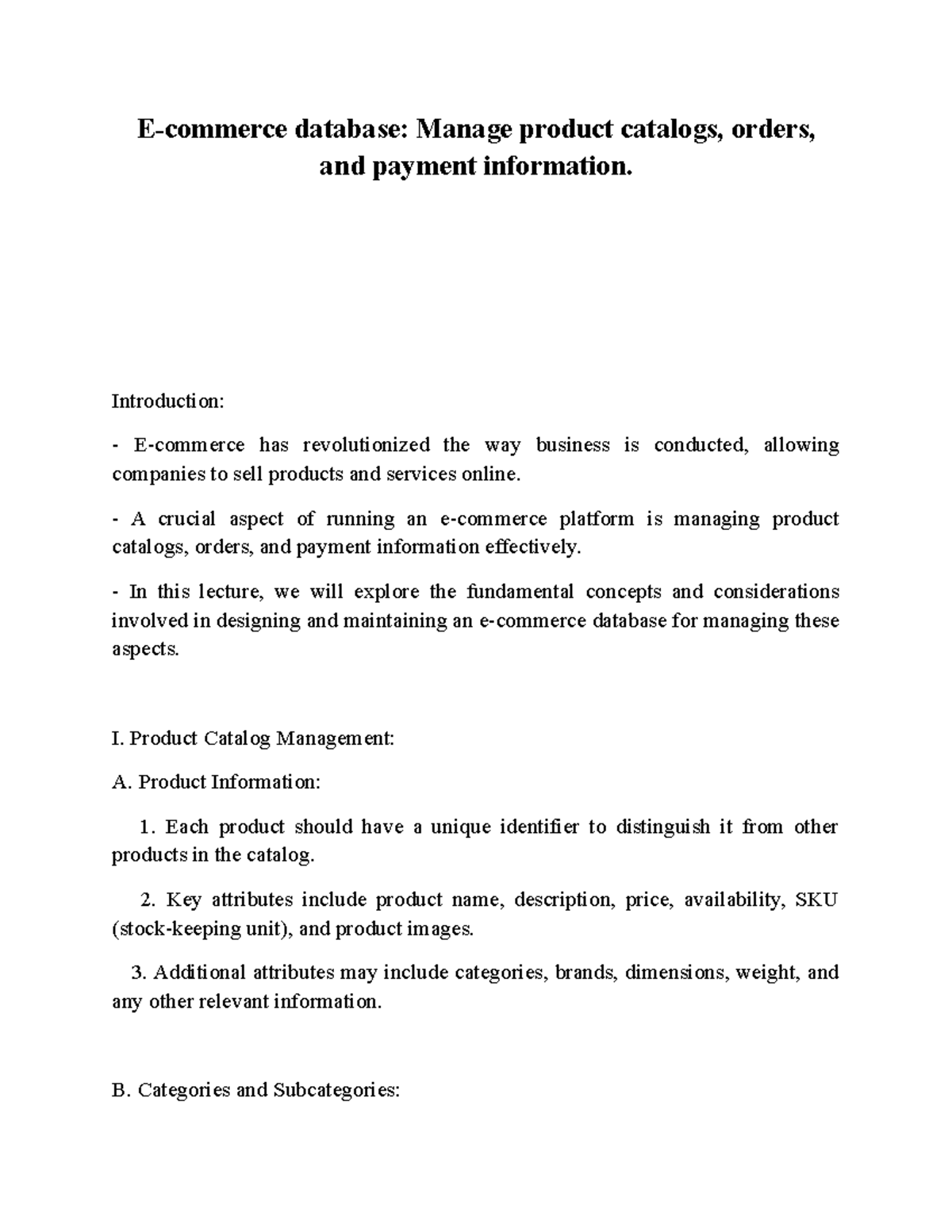 E-commerce database Manage product catalogs, orders, and payment ...
