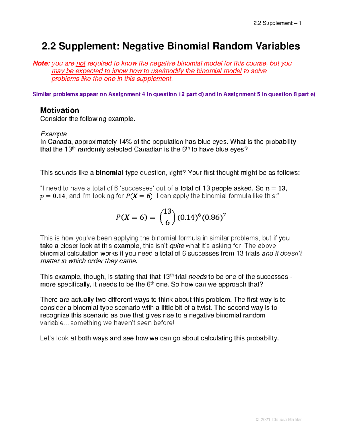 22 Supplement - Negative Binomial Random Variables - Similar problems ... 22 Supplement - Negative Binomial Random Variables - Similar problems ...