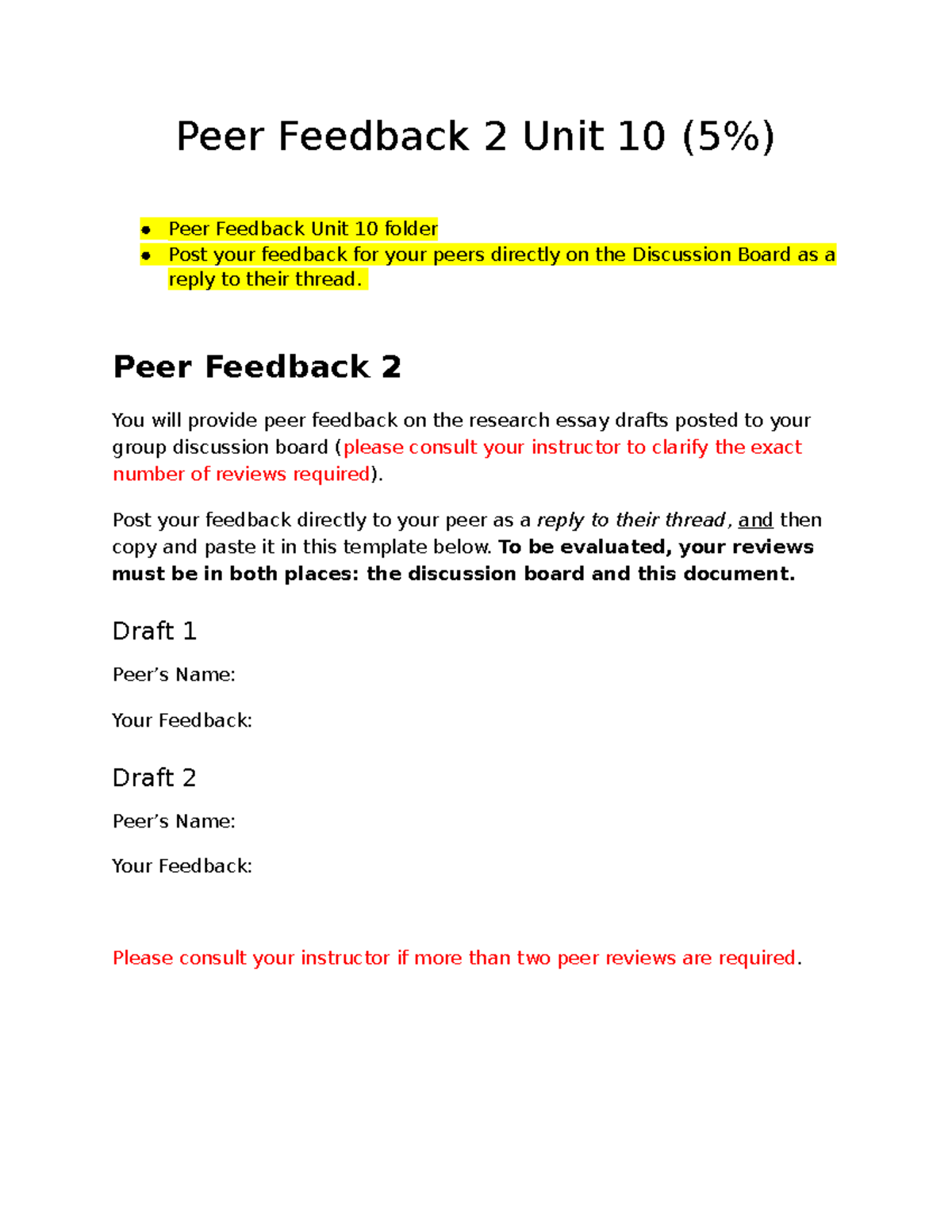 Peer Feedback Template - CH-317 - Centennial College - Studocu