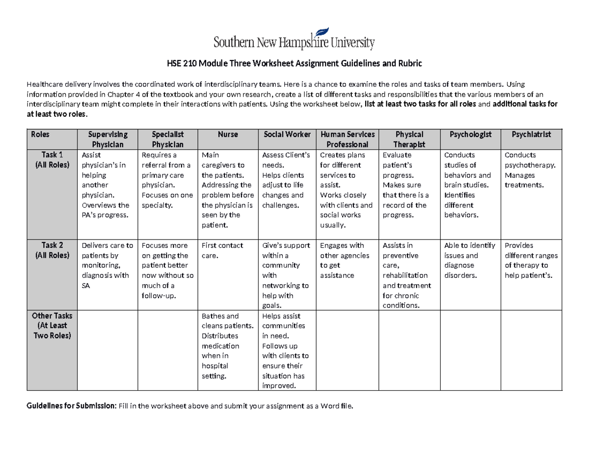 Week 3 worrksheet - n/a - HSE 210 Module Three Worksheet Assignment ...