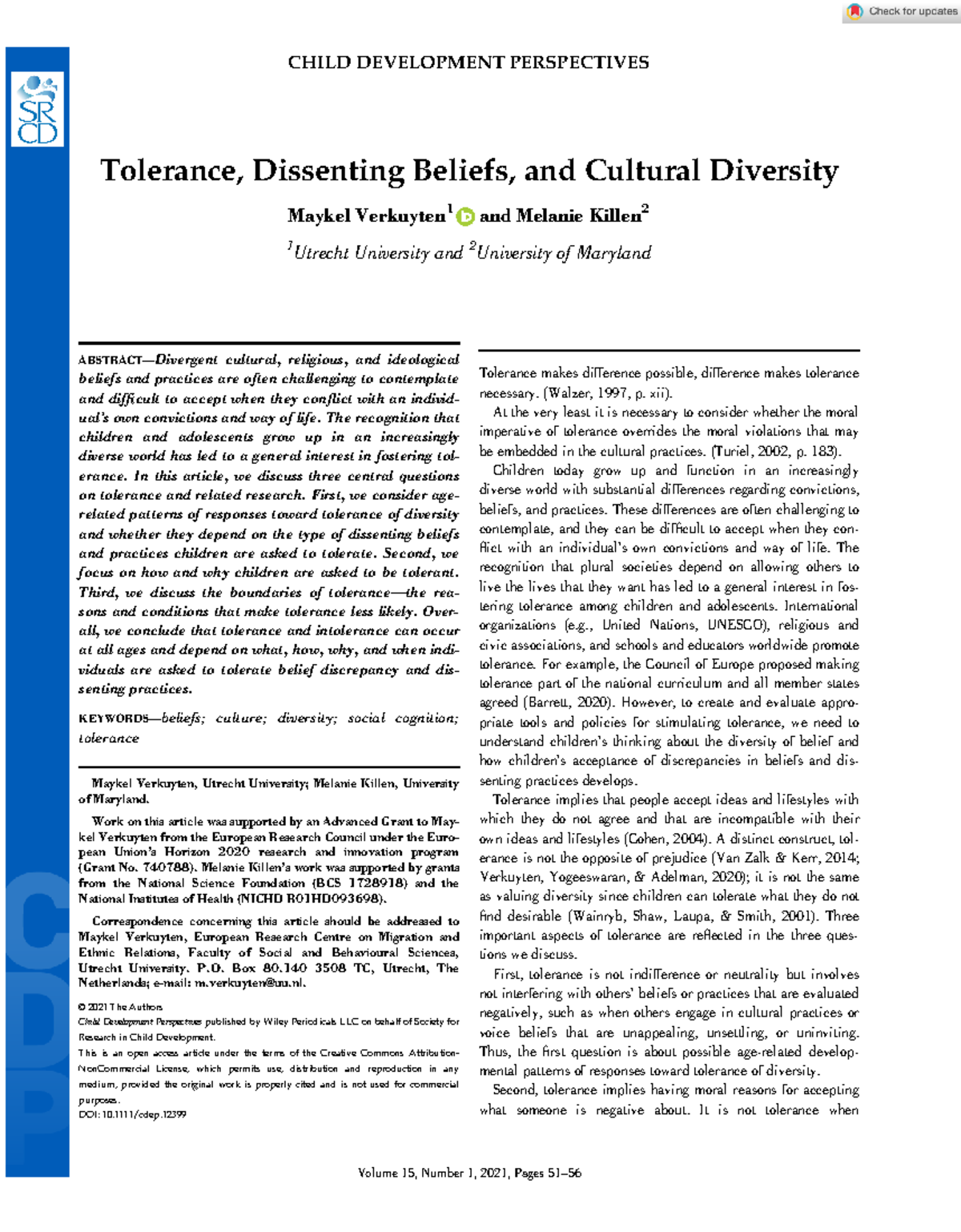 Child Dev Perspectives - 2021 - Verkuyten - Tolerance Dissenting ...