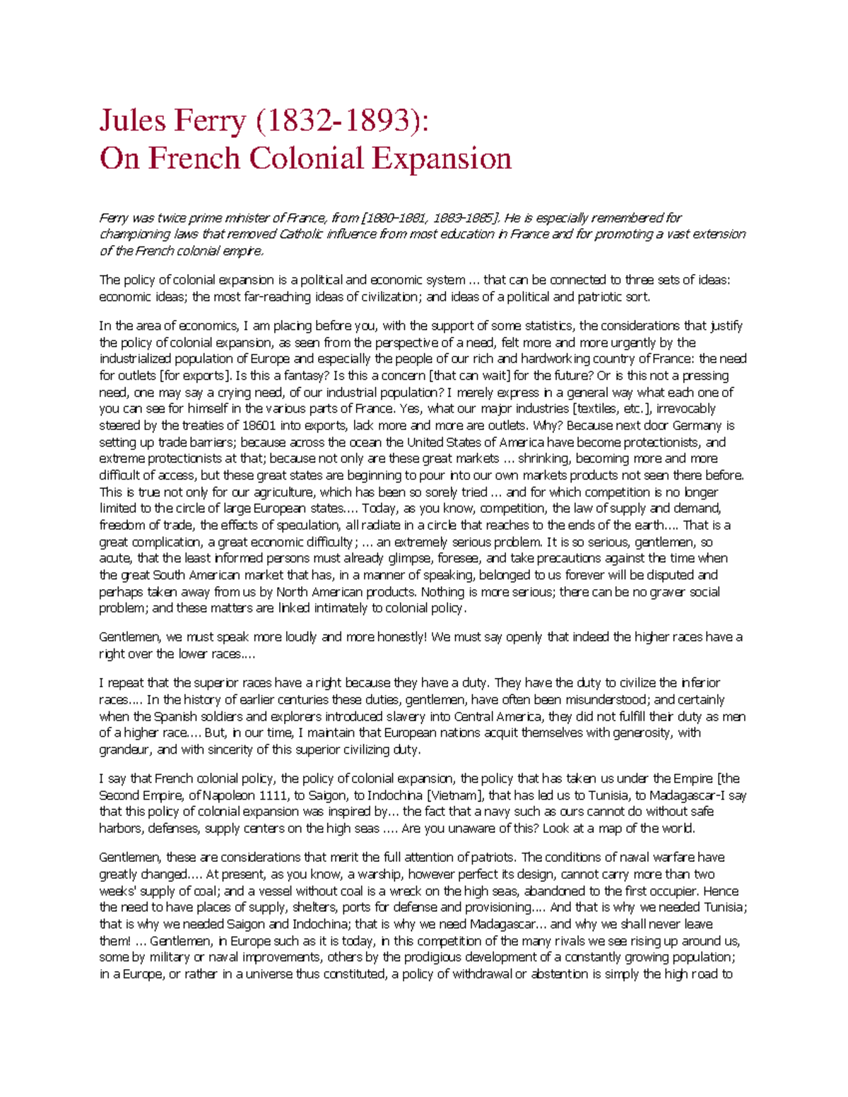 Jules Ferry- On French Colonial Expansion - Jules Ferry (1832-1893): On ...