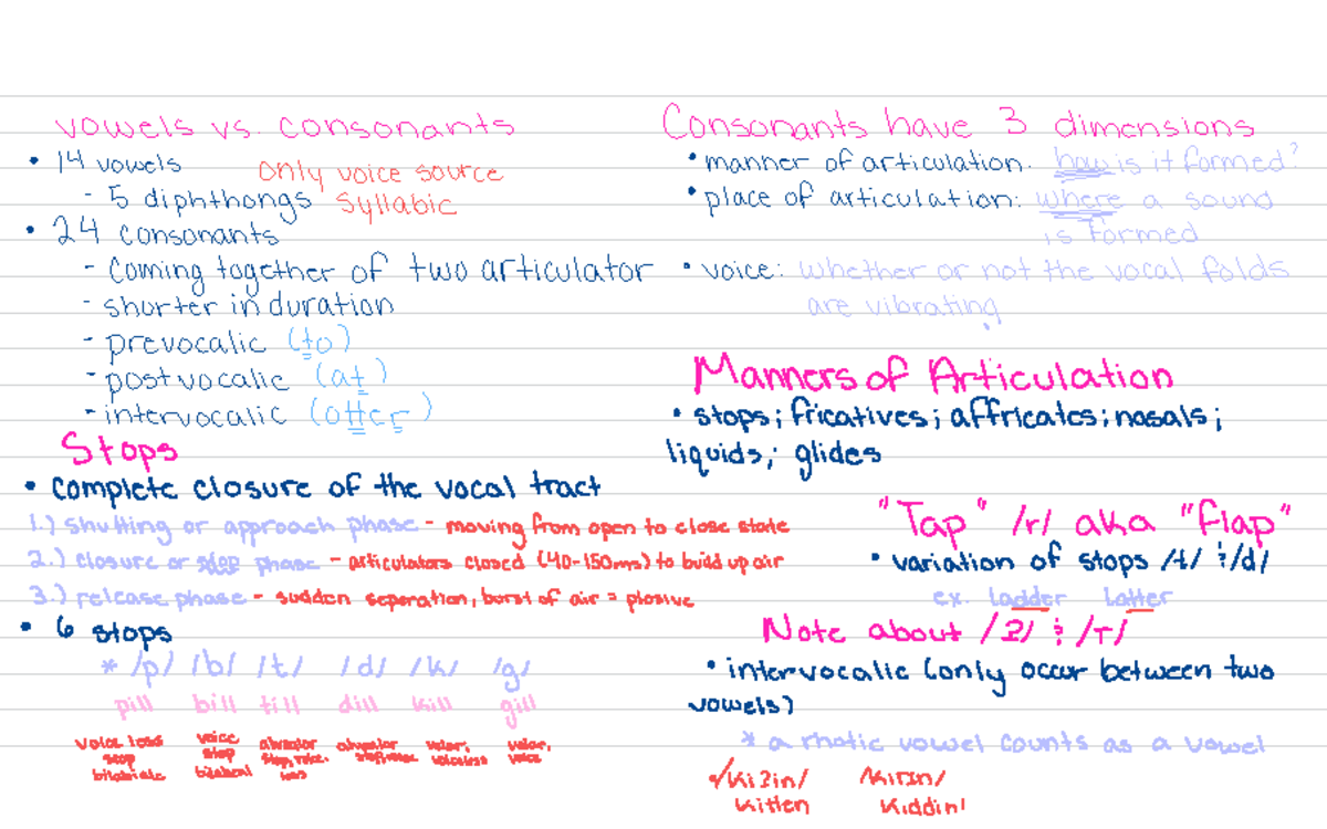 Cd 244 Chapter 5 notes - vowels vs. Consonants Consonants have 3 ...